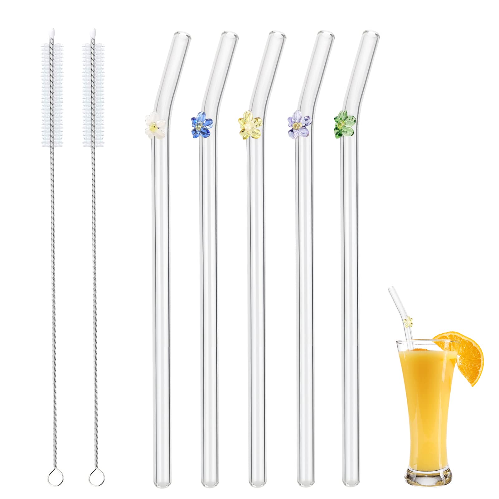 Glass Straws,5PCS Flower Glass Straws Shatter Resistant with 2 Cleaning Brushes,Reusable Glass Drinking Straws for Smoothies Coffee Milkshakes Juice