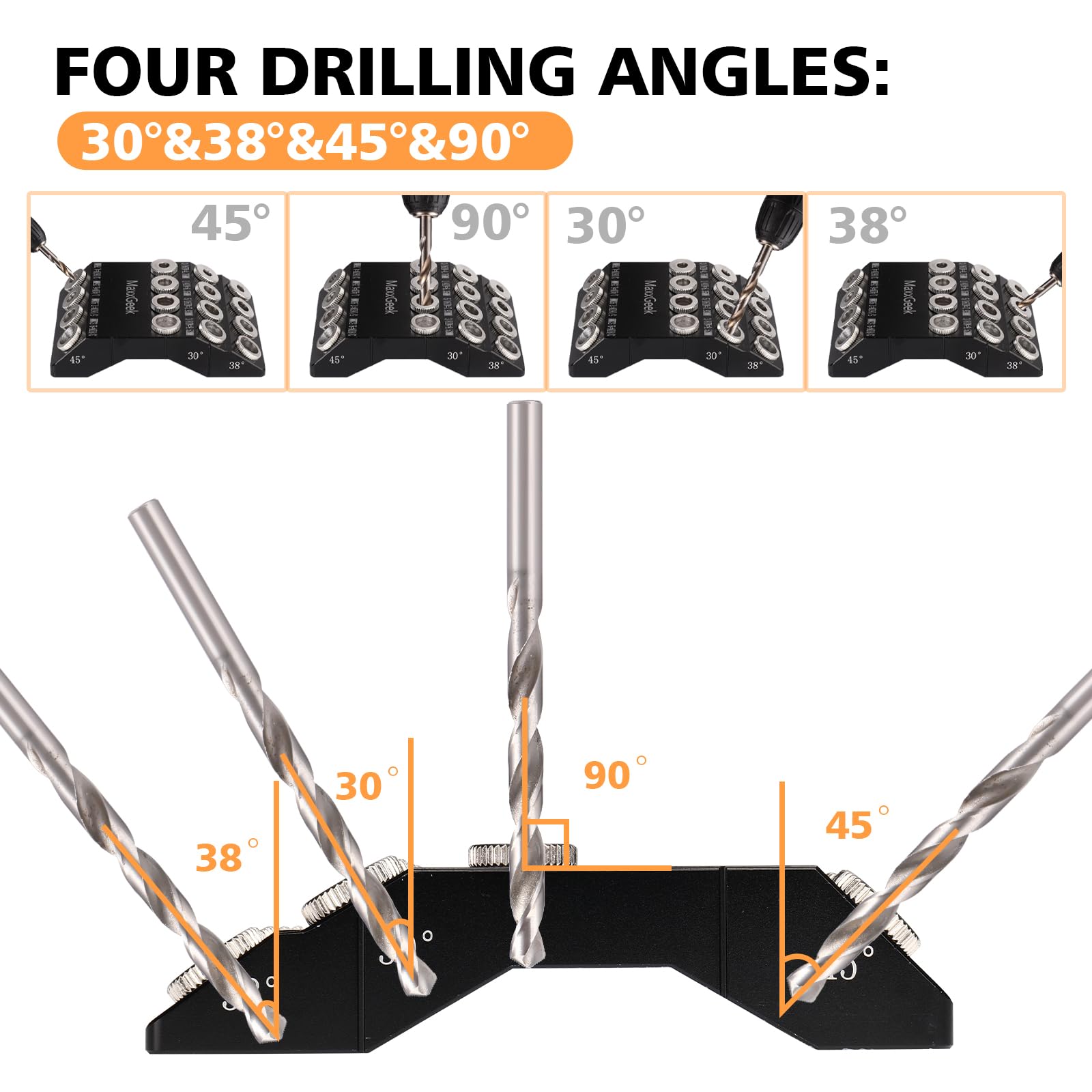 MaxxGeek Drill Guide for 30 38 45 90 Degree Angled and Straight Holes, Added 38 Degree Portable Drill Guide for Deck Stair Handrail and Horizontal Cable Wood Post (Without Drill Bit)