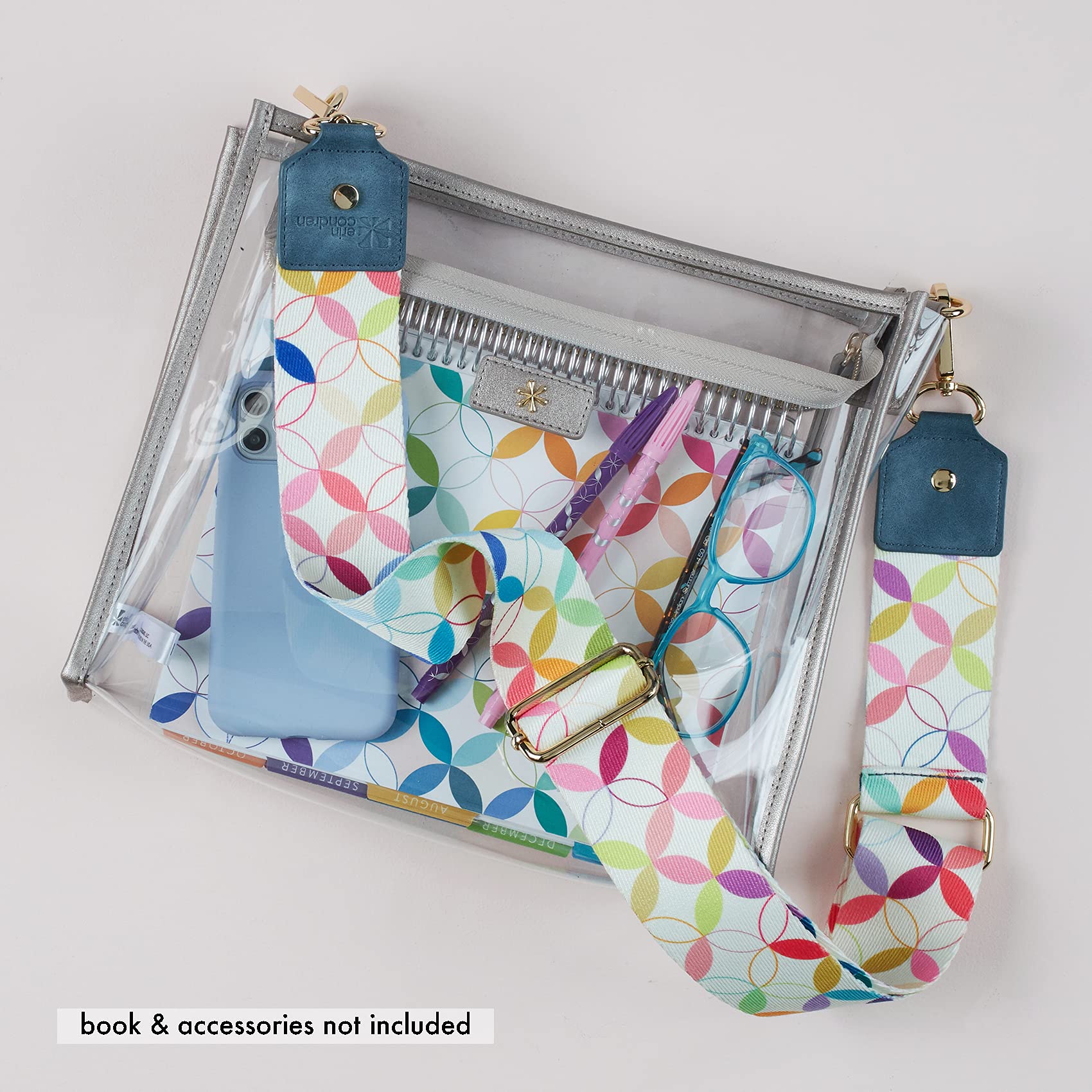 Crossbody Stadium Bag - Clear with Mid Century Circles Interchangeable Strap, Standard Stadium Size, Reusable Shoulder Bag, Includes Vegan Leather Trim & Gold Metal Hardware, by Erin Condren