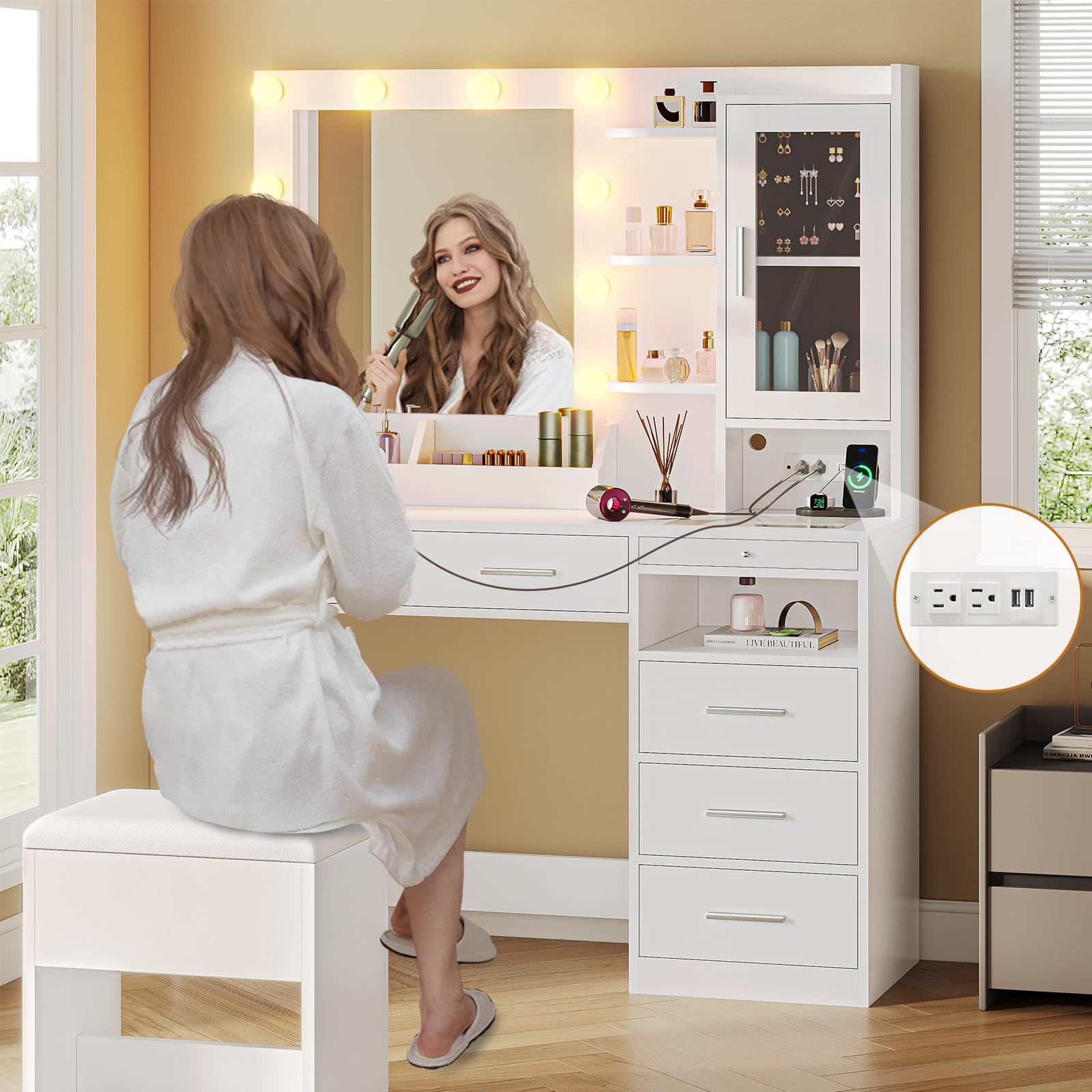 HAUOMS Makeup Vanity Desk with Mirror and Lights & Stool & Charging Station, 4 Drawers Makeup Table with Glass Top Jewelry Organizer & 7 Shelves, 3 Light Settings, Modern White