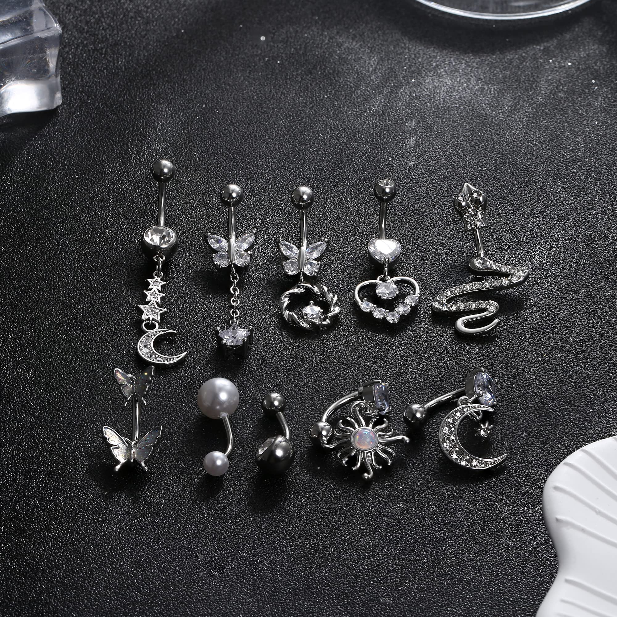 DOLOTTA 10Pcs 14G Stainless Steel Dangle Belly Button Rings Screw Reverse Curved Navel Barbell Piercing Jewelry for Women Silver Tone