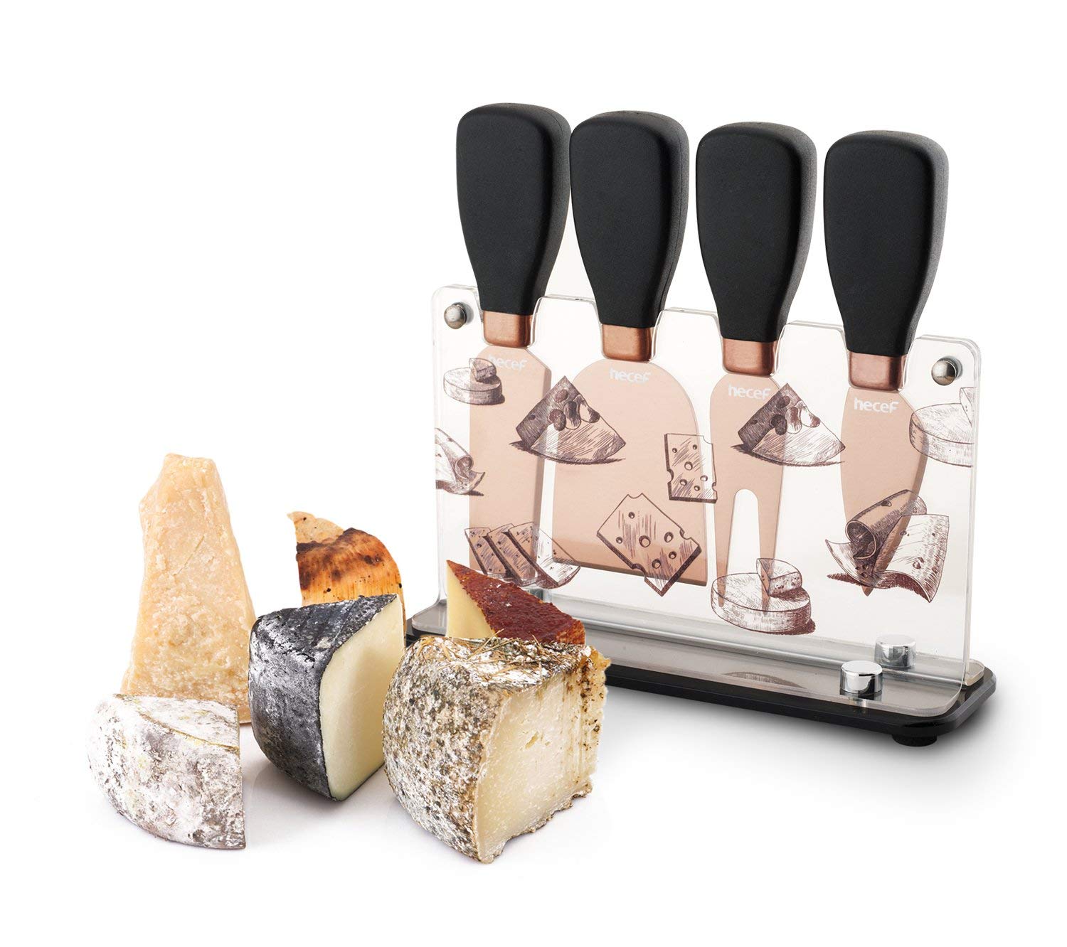 hecef Cheese Knife & Acrylic Stand Set of 5 - Stainless Steel Cheese Slicer with PP Handle & Acrylic Stand