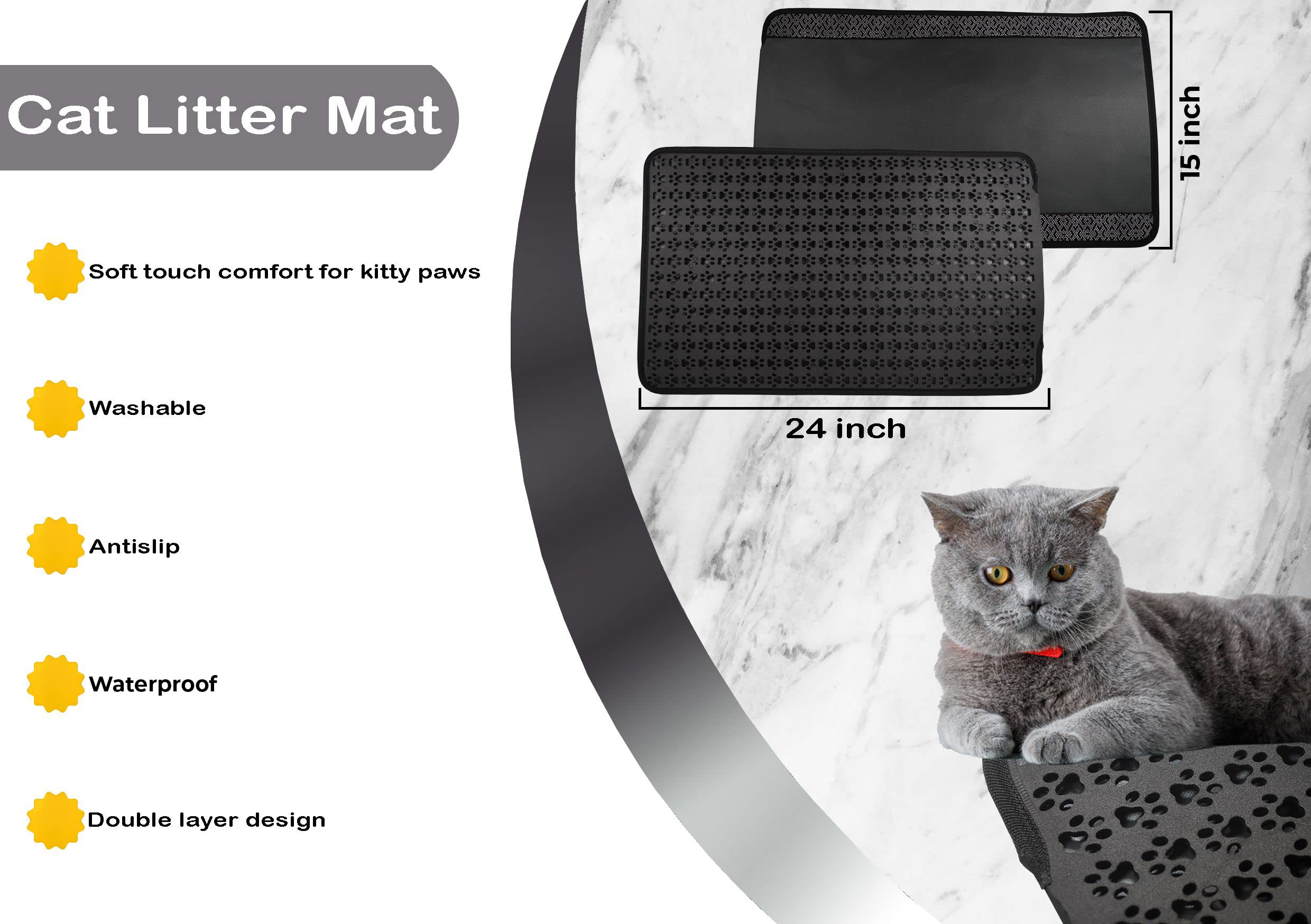 KAYOUBI Cat Litter Mat Litter Trapping Mat (Right Hand Pet Grooming Gloves Cat Brushes Included) Double-Layer Kitty Paw Design Kitty Mat (with Glove for GentleShedding) (WITH GLOVE, BLACK BLUE)