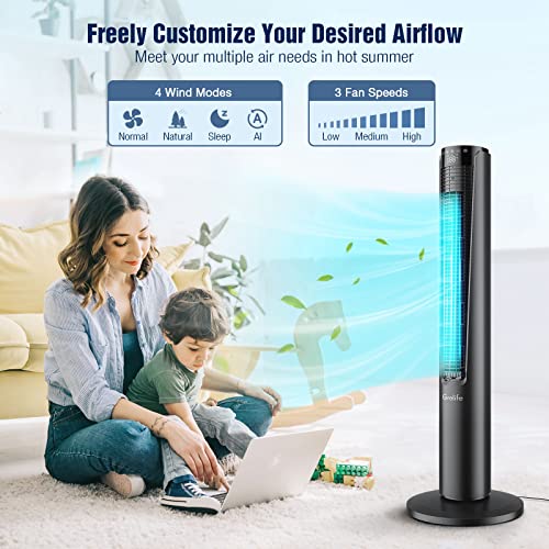 Grelife 42" Bladeless Tower Fan with 70° Oscillation, Touch Screen and Remote Control, 3 Speeds, 4 Wind Modes, 12-Hour Timer - Compact Cooling for Home Office Bedroom
