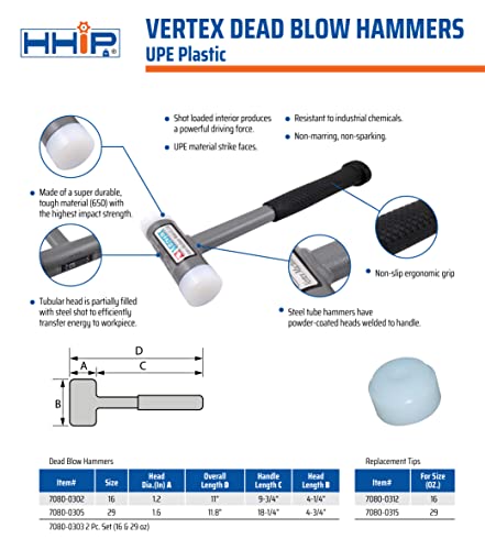 HHIP Pro Series 7080-0302 Vertex Dead Blow Hammer, Deadblow Mallet w/UPE Plastic Face, 1.2β Diameter Steel Shot Head, Non-Marring, 16 oz