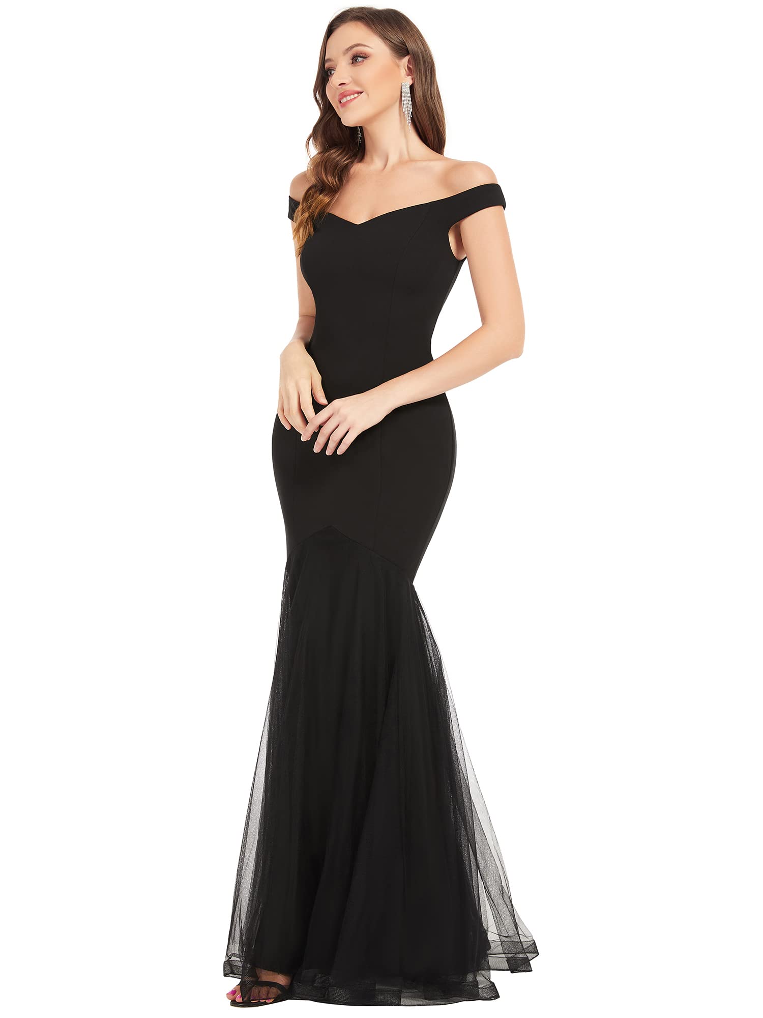 Ever-Pretty Women's Elegant Mermaid Sweetheart Strapless Bodycon Tulle Fishtail Formal Gown Black US4