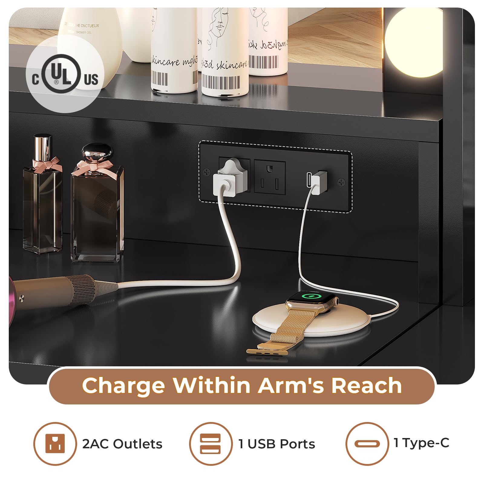 HAUOMS Vanity Desk Dresser Combo, Makeup Vanity with Mirror and LED Light & Power Outlet, Vanity Table with 5 Drawers, DIY Pegboard Included, 3 Light Settings, Modern White