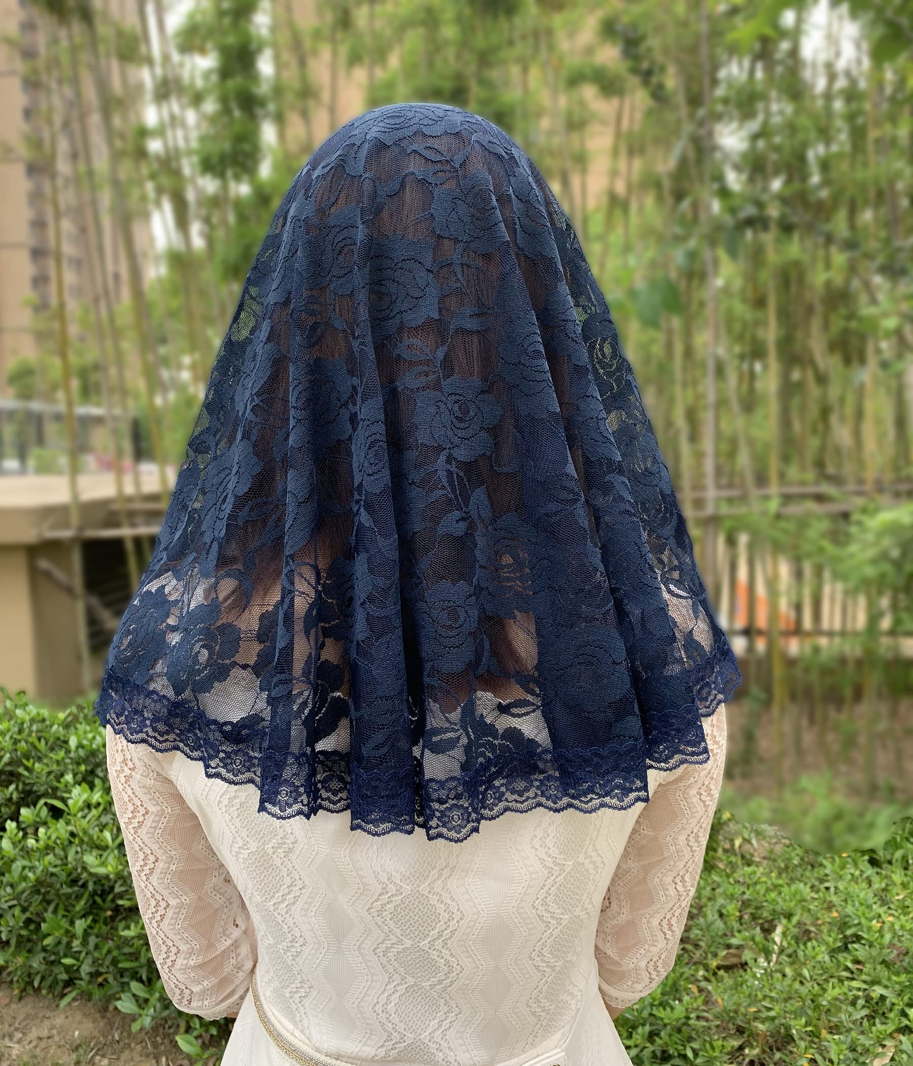 Grettytling Lace Mantilla Veil Soft and comfortable 7 Colors Spanish Style Rose Lace Veil Head Covering D Shape ,Navy