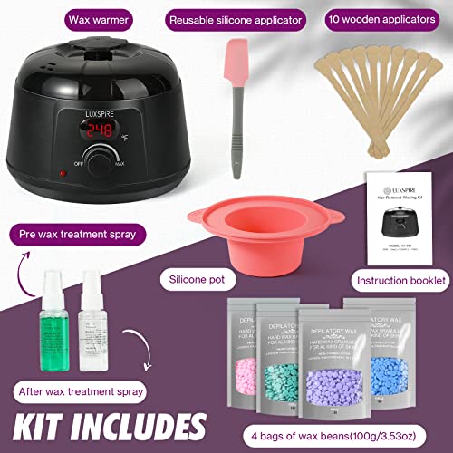 Luxspire Wax Warmer for Hair Removal, Waxing Kit for Women, Digital Wax Machine with Silicone Wax Pot, 4 Pack Hard Wax Beads, Waxing Applicator, Wax Pot, Home Self Waxing Kit for Body Eyebrow Bikini