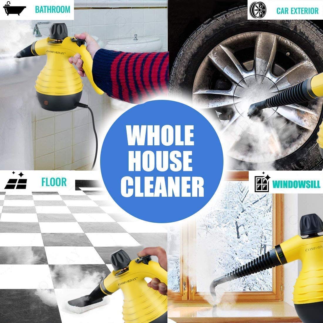 Comforday Multi-Purpose Handheld Steam Cleaner with 9 Piece Accessories for Stain Removal Carpets Curtains Car Seats Kitchen Surface Yellow normal