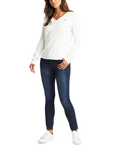 Nautica womens Effortless J-class Long Sleeve 100% Cotton V-neck Sweater, Marshmallow, Medium US