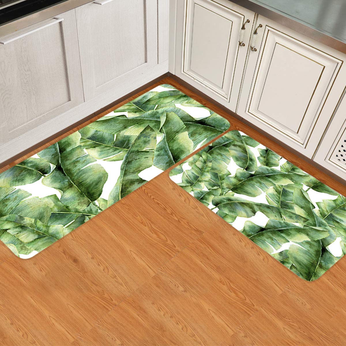 Green Banana Leaves Kitchen Rugs and Mats Non Skid Washable Cushioned Kitchen Mat Anti Fatigue Mat Kitchen Set of 2 Waterproof Tropical Decor Stylish Graphic Illustration