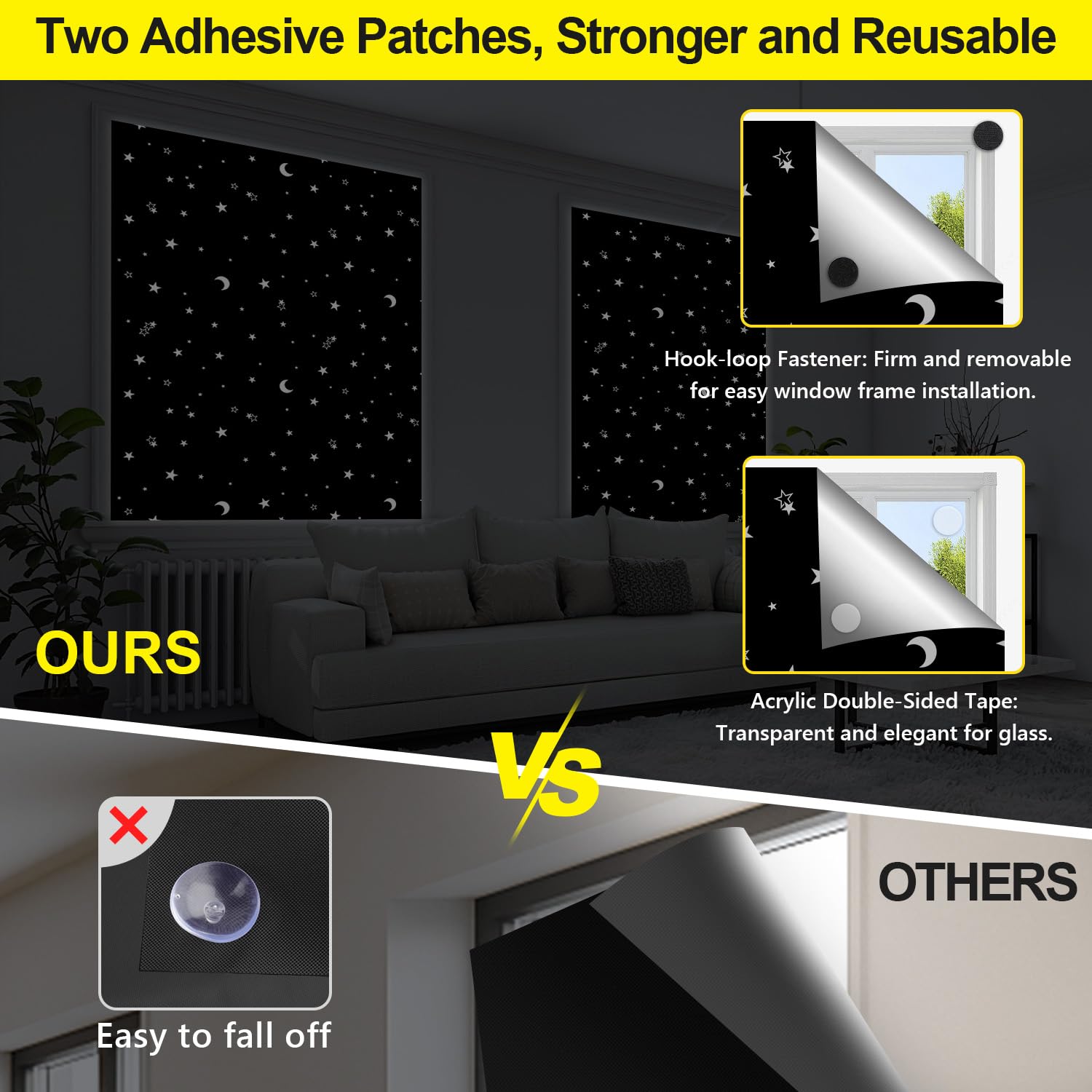 FADOTY 100% Blackout Blinds 79" x 57" Blackout Window Cover Travel Blackout Curtains for Bedroom Dorm Room Windows Temporary Blackout Shades for Night Shift Worker Black & Star