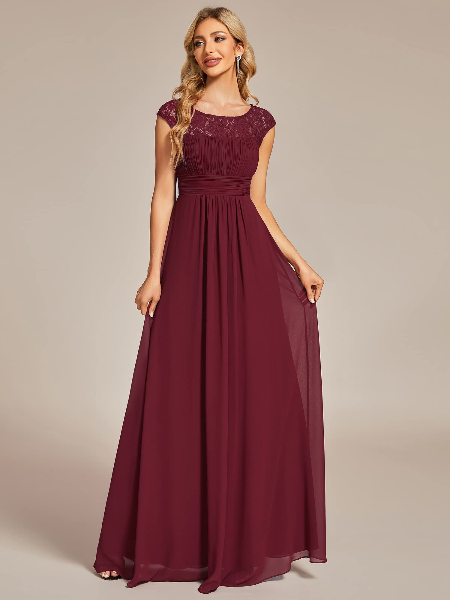 Ever-Pretty Women's Summer Lace Round Neck Pleated Chiffon Bridesmaid Dresses Burgundy US4