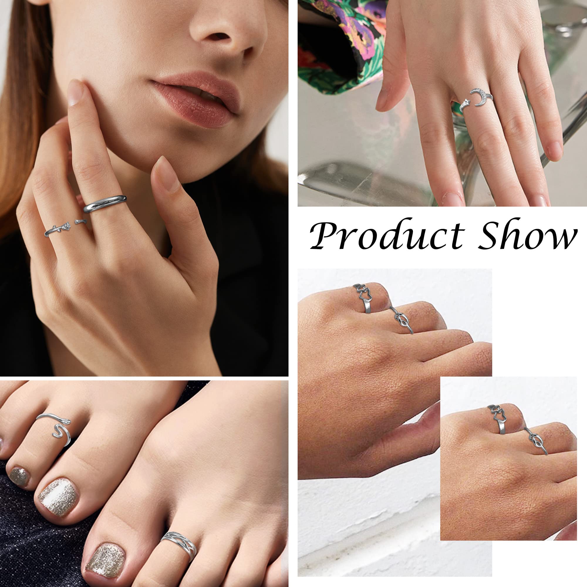 DOLOTTA 20Pcs Adjustable Rings for Women Heart Star Moon Love Flower Cross Open Rings Set Simple Stackable Thumb Knuckle Ring Silver Tone