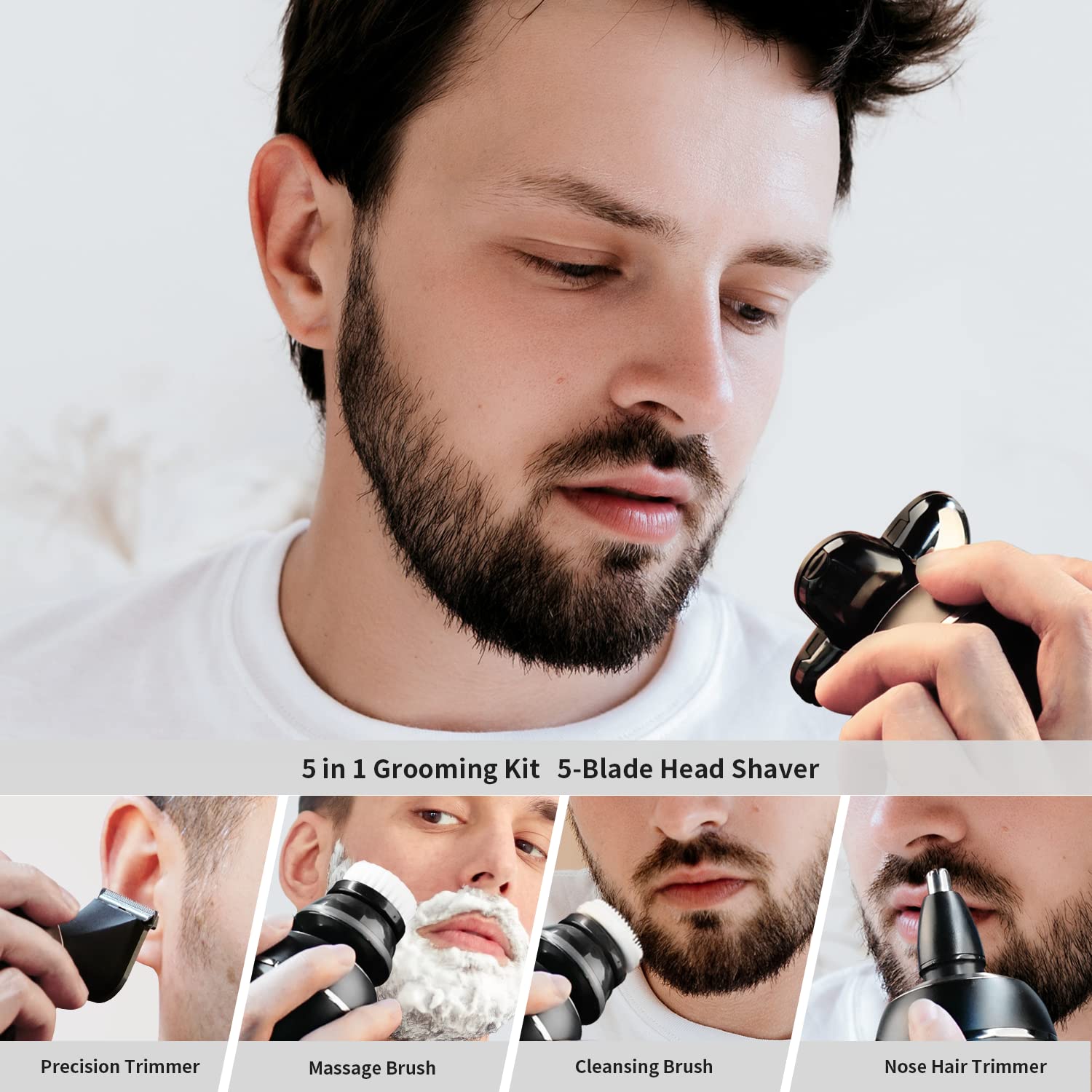 RAYCOSHAVE Head Shaver for Bald Men, 5 in 1 Wet & Dry Shaver Waterproof Bald Head Shaver, USB Rechargeable Rotary Shavers Grooming Kit with LED Display, Anti-Pinch, Ergonomic Design