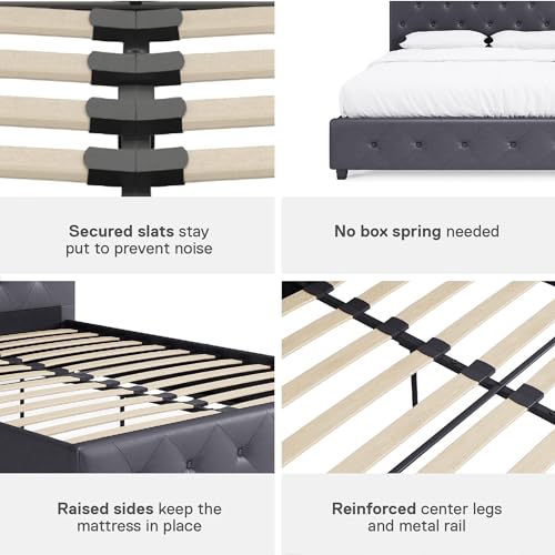 DHP Dakota Upholstered Platform Bed with Diamond Button Tufted Headboard and Footboard, No Box Spring Needed, Queen, Gray Faux Leather,Grey