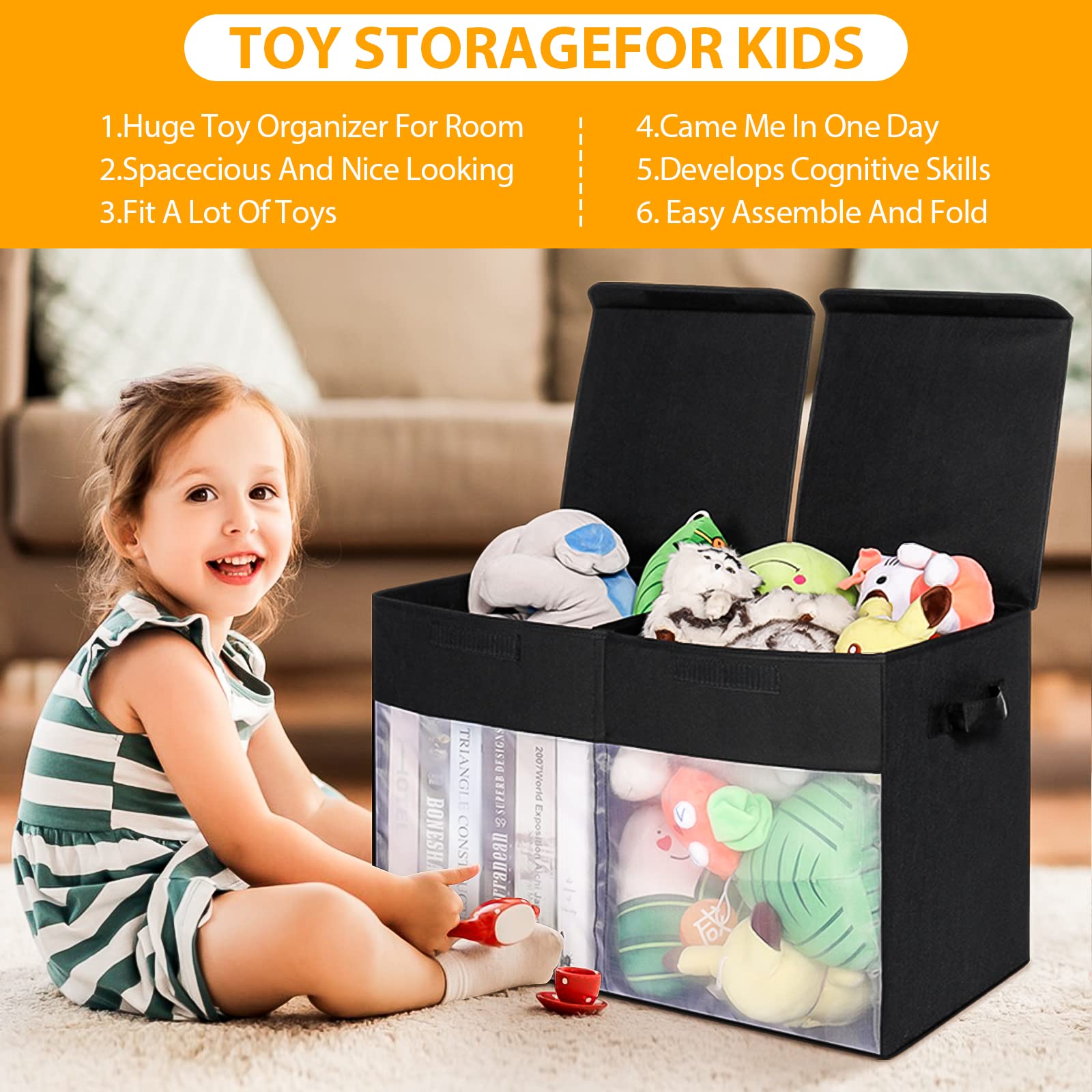 GARPROVM Organizer Chest Extra Large for Boys and Girls with Flip-Top Lid, Big Kids Box Chest, Foldable Fabric Storage Chest Organizer for Clothes Books Bedding (Visual Window)
