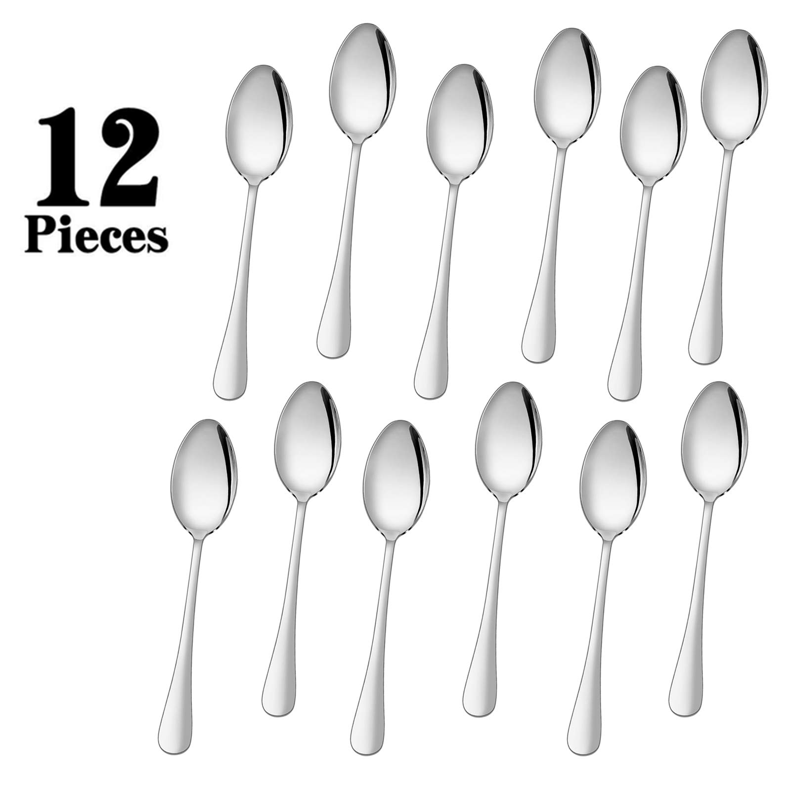 E-far Stainless Steel Teaspoons Set of 12, Modern Silverware Flatware Dessert Spoons for Home, Kitchen, Restaurant, Round Edge & Mirror Polished, Dishwasher Safe - 6.7 Inches