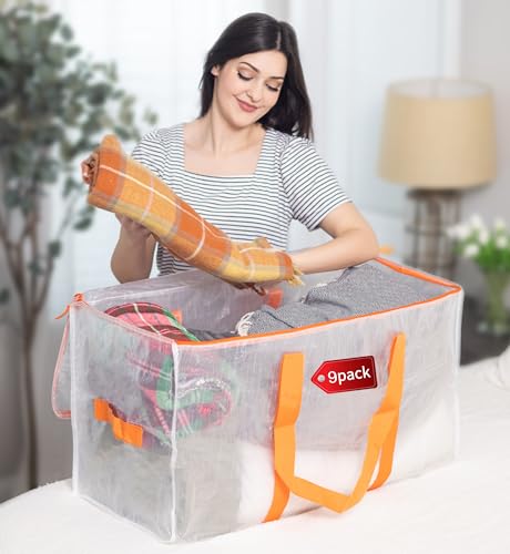 Clear Moving Bags - 9 pack Extra Large Heavy Duty Waterproof Clear Storage Bags,Backpack Straps for Packing or Travel,Oversized Foldable Moving Totes for Clothes,Alternative To Moving Box