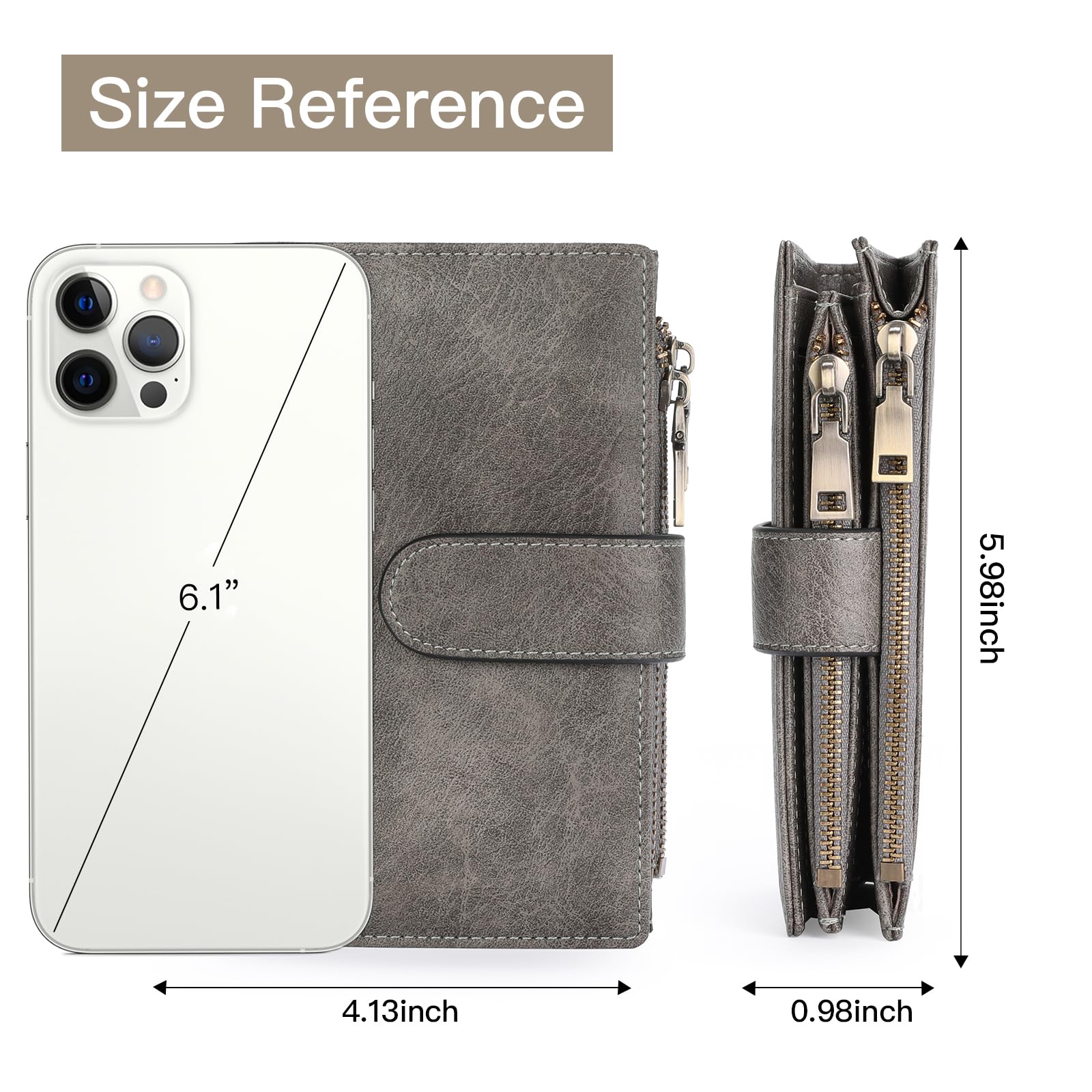 GOIACII Womens Wallets Rfid Credit Card Holder with 2 Zipper Pockets, 3 ID Windows Ladies Purse Leather