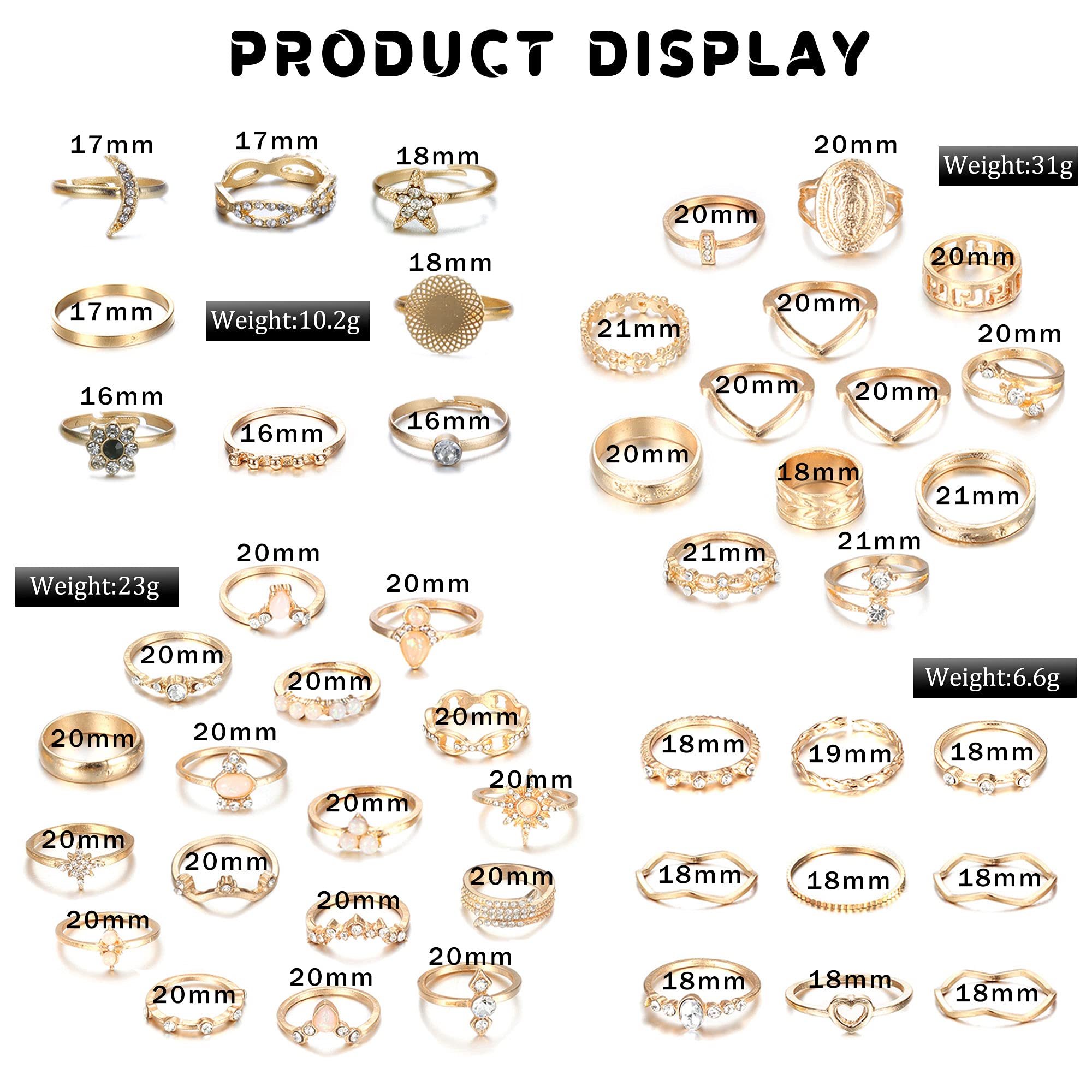 DOLOTTA 95PCS Boho Knuckle Rings for Women Stackable Crystal Joint Rings Set Gold Rings Set Fashion Finger Knuckle Midi Rings for Women