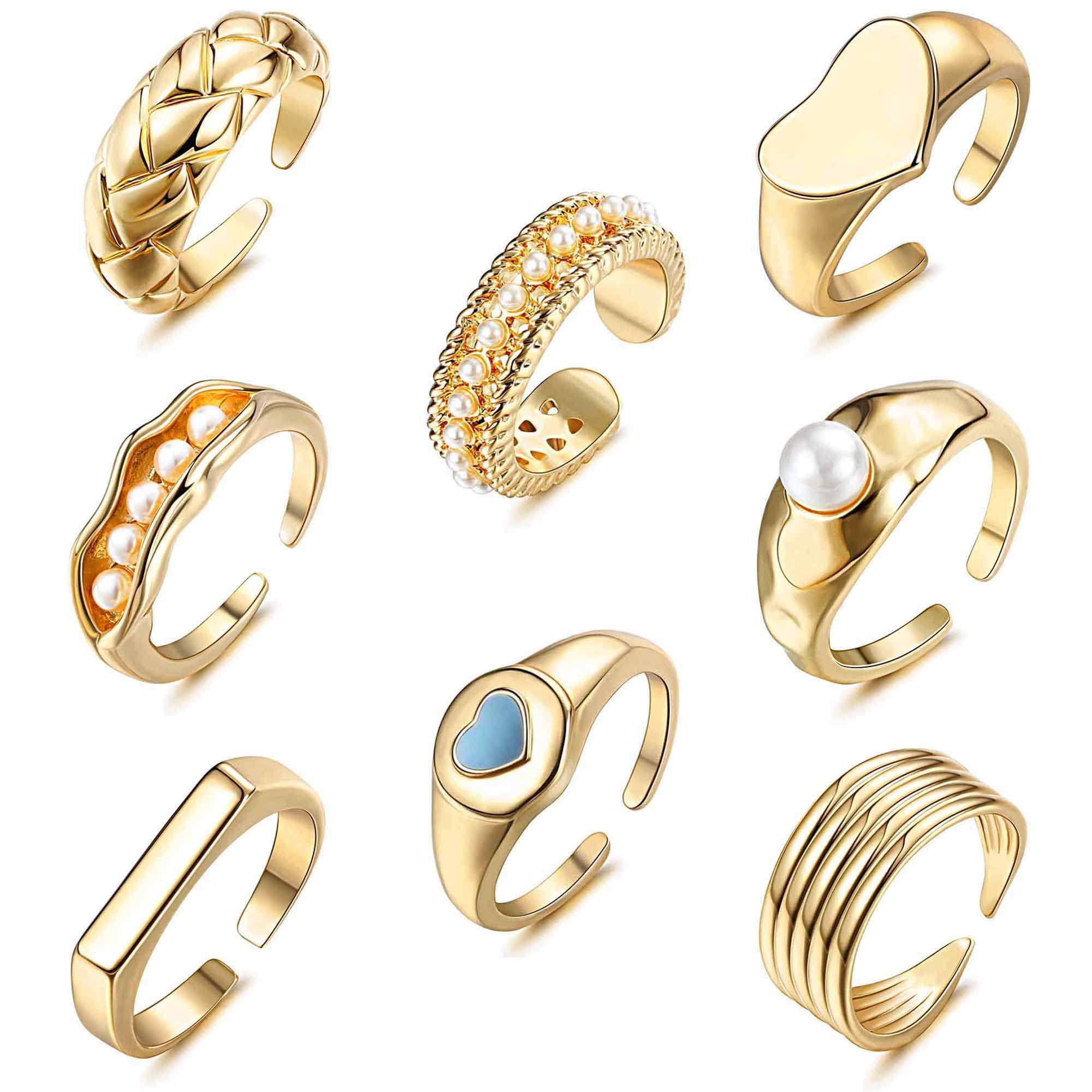DOLOTTA 9Pcs Gold Chunky Rings for Women Men Croissant Ring Y2K Trendy Pearl Inlaid Ring Dome Open Signet Rings Stackable Finger Aesthetic Rings