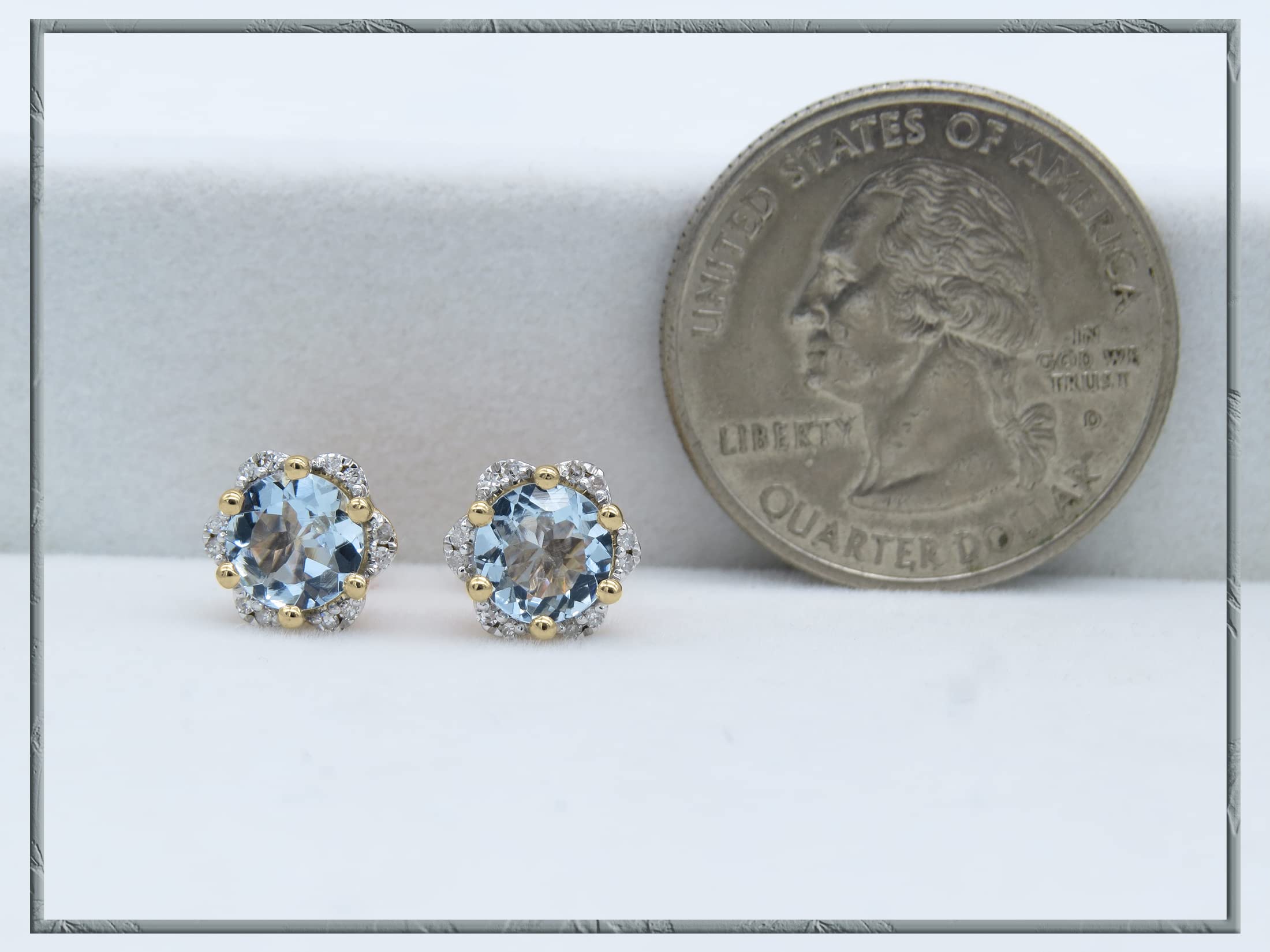 Dazzlingrock Collection 6mm Each Round Aquamarine with White Diamond Cluster Flower Shape Screw Back Stud Earrings for Women in 14K Yellow Gold
