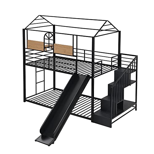 Twin Over Twin Low Bunk Bed with Slide and Stairs House Bunk Bed Metal Frame with Storage Shelves for Kids Boys Girls Teens, Black