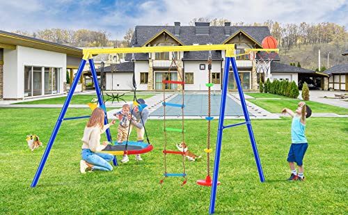 Saucer Swing Set for Backyard 4 in 1, YMERSEN Swing Set Outdoor for Kids with Steel Frames, Climbing Rope with Disc Tree Swing Play Set, and Basketball Hoop Blue