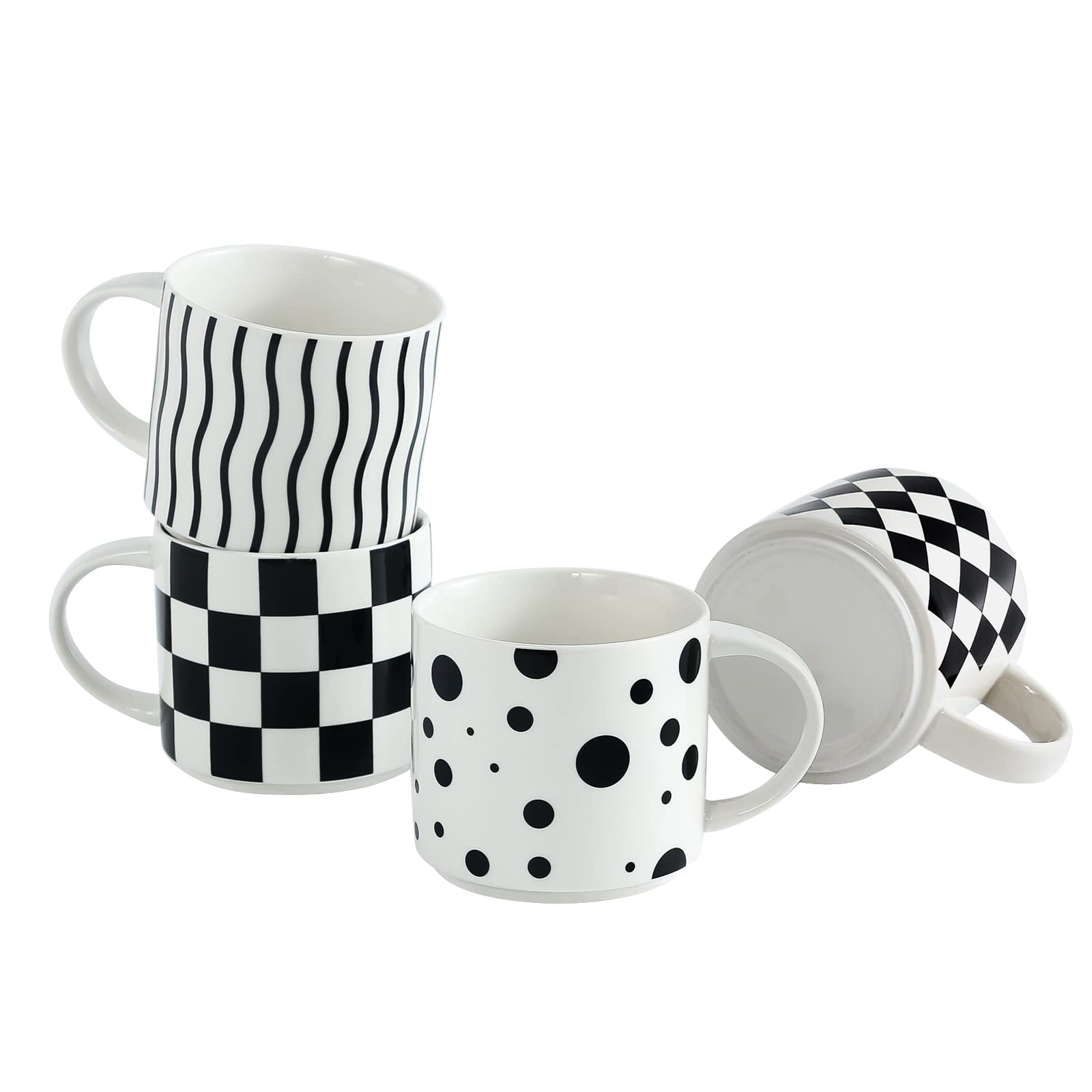 E-liu 14oz Ceramic Coffee Mug Set - 4 Patterns, Durable, Easy to Clean, Microwave & Dishwasher Safe, Perfect for Coffee, Tea, Hot Chocolate - Gift for Birthdays, Housewarming