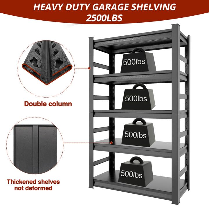 Hymnxemo 78" H Metal Garage Storage Shelves 2500lbs Heavy Duty Garage Shelving Unit Adjustable Industrial Utility Rack Organizer for Garage Basement Warehouse, 78" H x 47.3" W x 18" D,Black