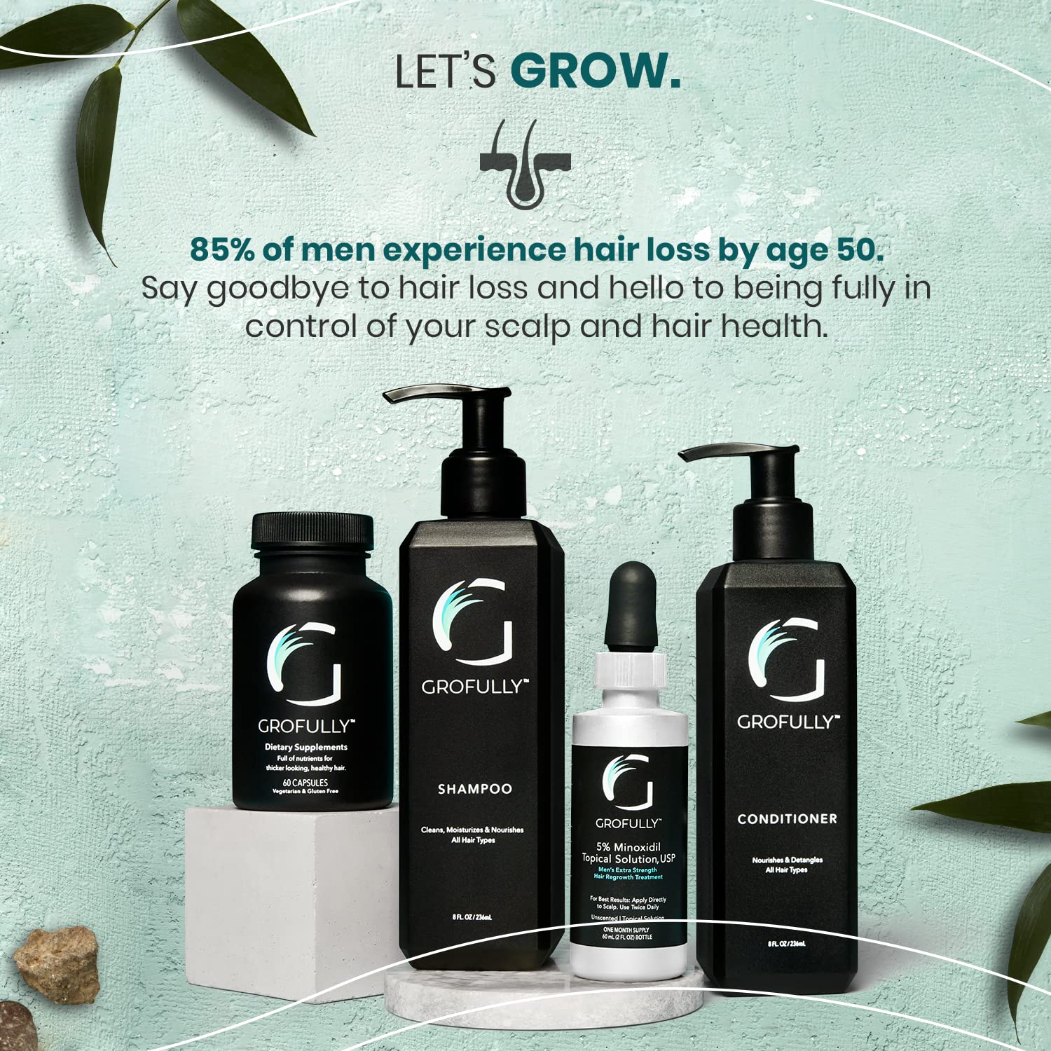 Grofully Men’s Hair Regrowth Kit - Premium | 4-Step System | Shampoo, Conditioner, 5% Minoxidil, and Supplements