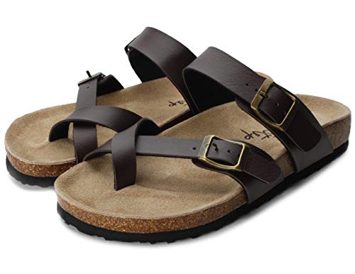 PepStep slip on sandals for Women or ladies with Soft Cork Footbed and Buckle Strap, Low Platform Suede Slides for Women, Arch Support, Well made, Cute and Comfortable (9, S03Brown)