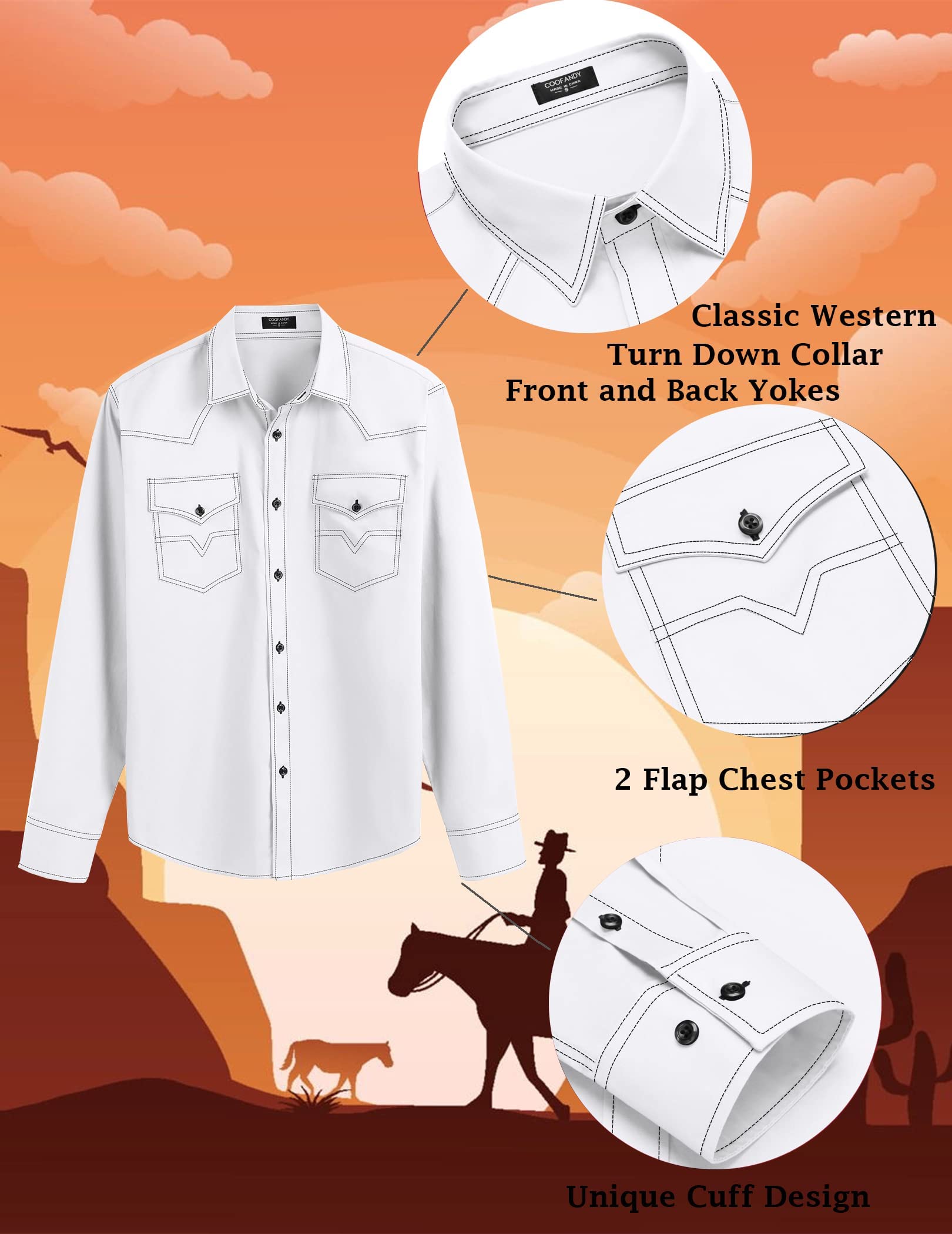 COOFANDY Mens Shirt Western Dress Long Sleeve Casual Cotton Button Down Denim Work, White, Medium, Long Sleeve