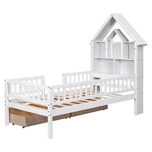 OPTOUGH Twin Size House-Shaped Storage Headboard Bed,Wooden Bedframe with Full Length Fence Guardrails and Drawers for Kids Teens,No Spring Box Needed,White