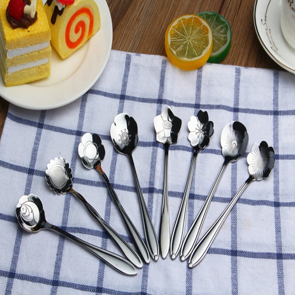 ERCRYSTO Stainless Steel Tableware Creative Flower Coffee Spoon, Stirring Spoon, Sugar Spoon, Stir Bar Spoon, Mixing Spoon, Tea Spoon, Ice Tea Spoon, Ice Cream Spoons, 8 Different Patterns in 1 Set