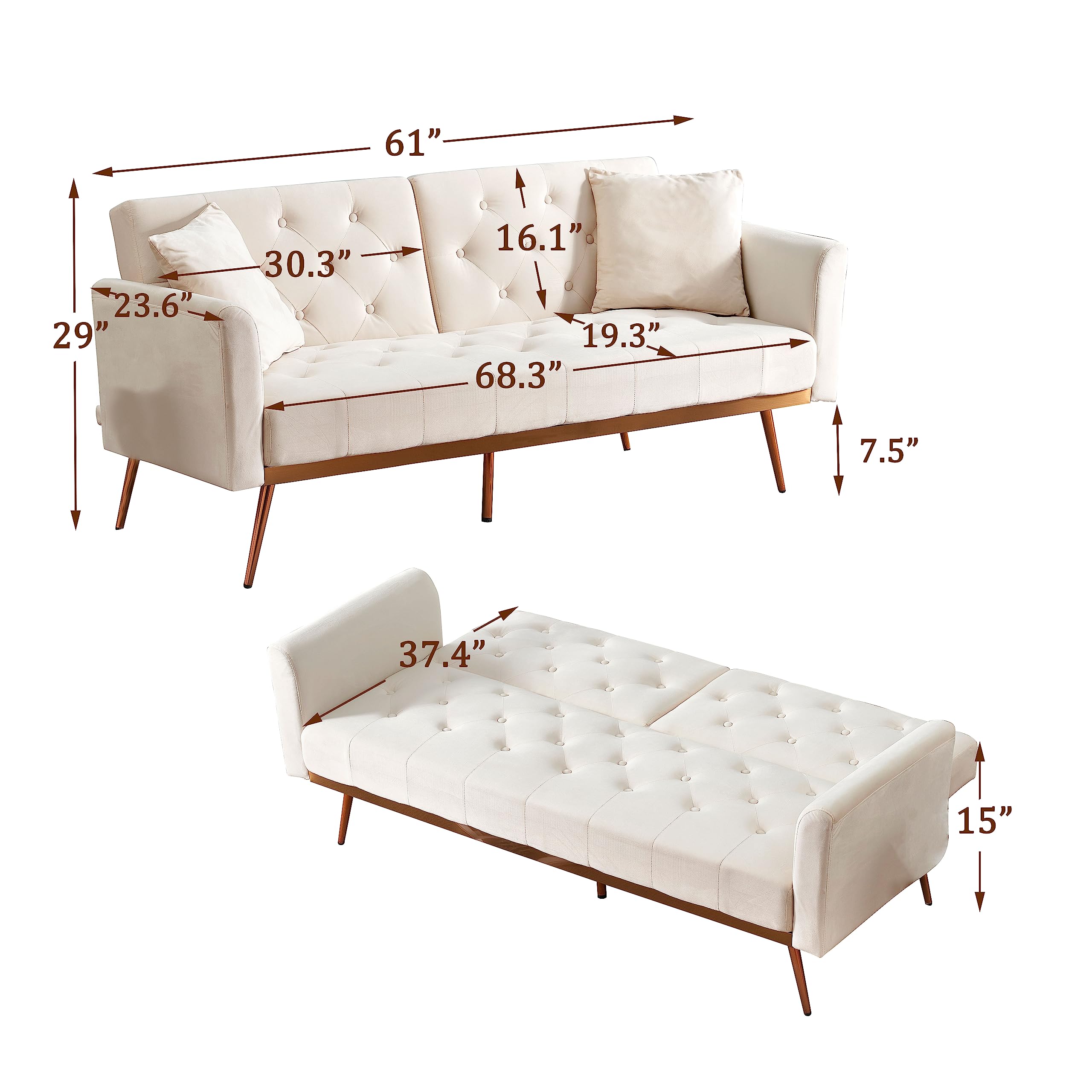 NoeBanJe Mid Century Modern Velvet LoveSeat Couches, Convertible Futon Sofa Bed with Metal Legs and Pillows, Adjustable Sleeper Sofa for Small Spaces, Bedroom Living Room (Beige)