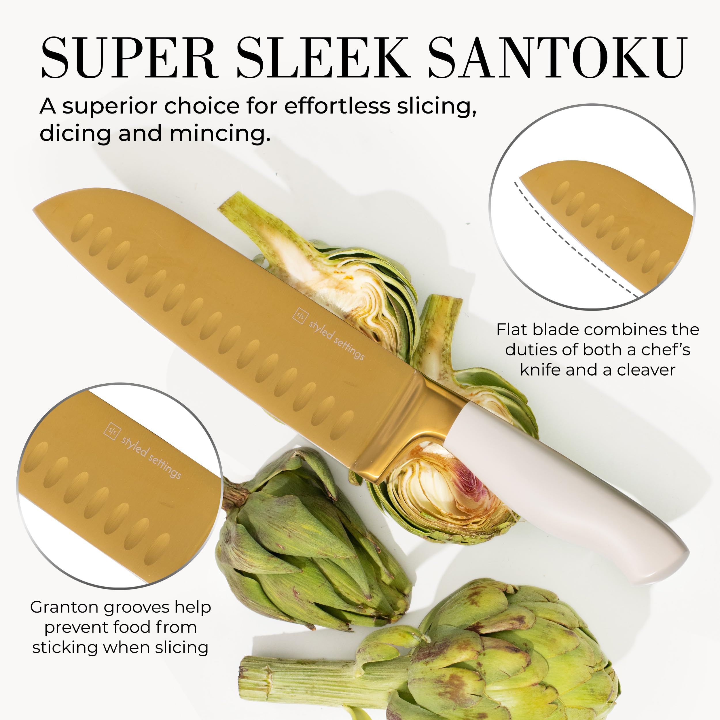 Gold Knife Set with Block Self Sharpening - 14 PC Luxurious Titanium Coated Gold and Off-White Kitchen Knife Set and White Knife Block with Sharpener, White and Gold Kitchen Accessories and Decor