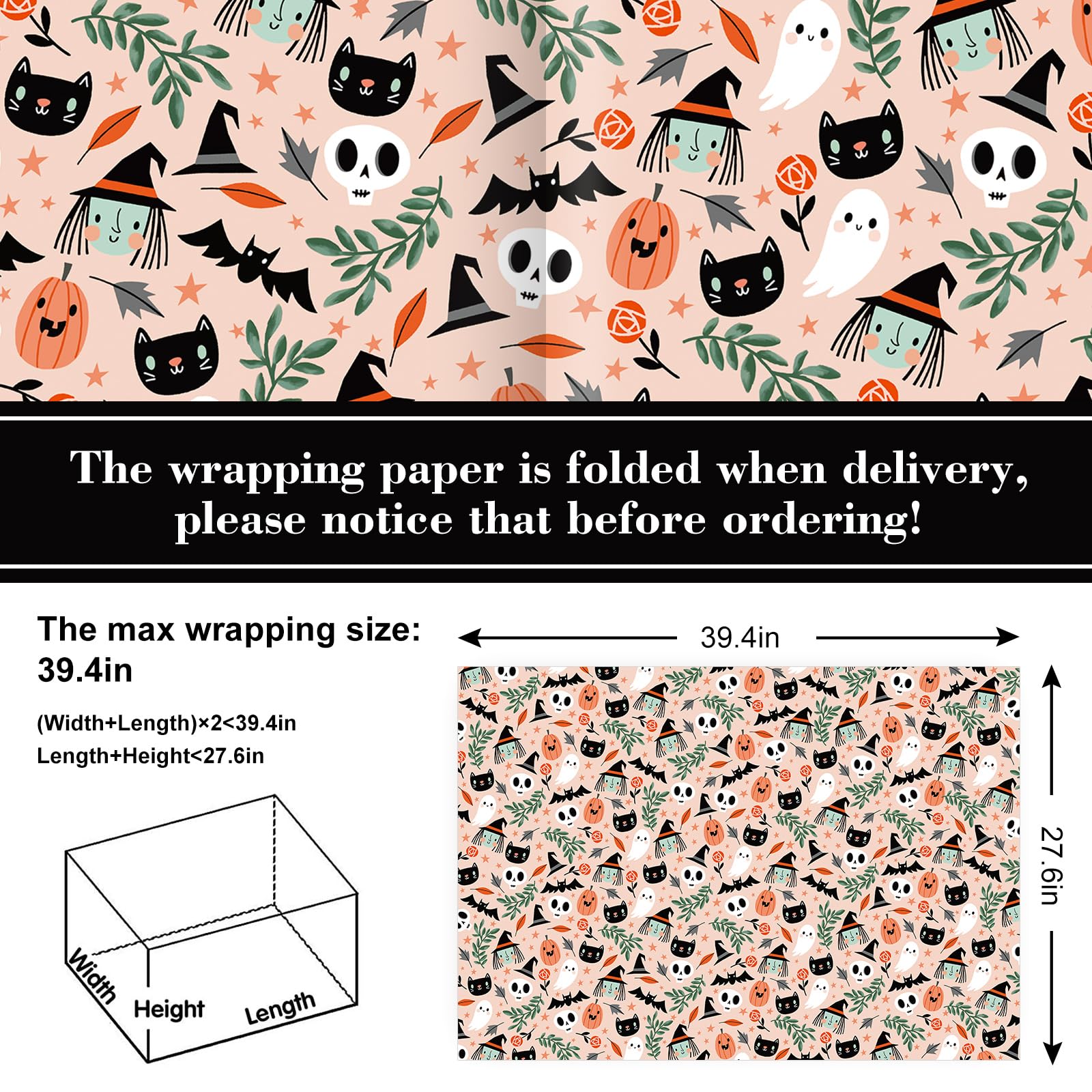 JarThenaAMCS 6 Sheets Halloween Wrapping Paper - Not Roll - Cute Pumpkin Ghost Cat Gift Wrap Paper Folded Flat DIY Craft Paper for Birthday Baby Shower Party Decor, 27.6 x 39.4 Inch