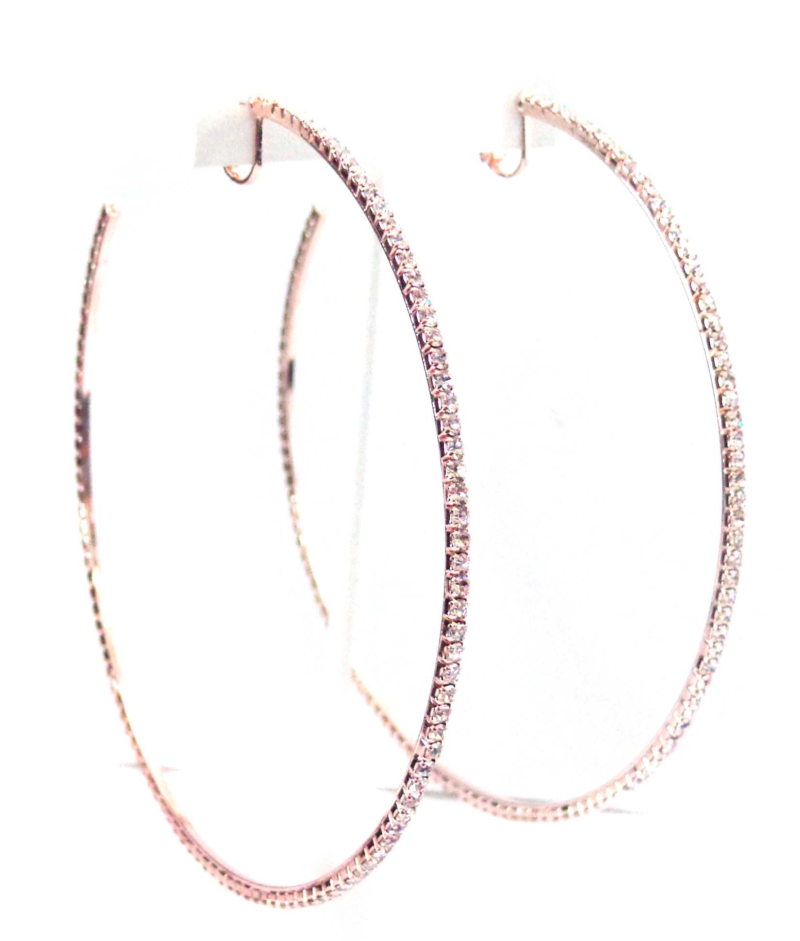 Clip-on Earrings Crystal Hoop Rose Gold Plated Rhinestone Hoops 4 inch Hoops