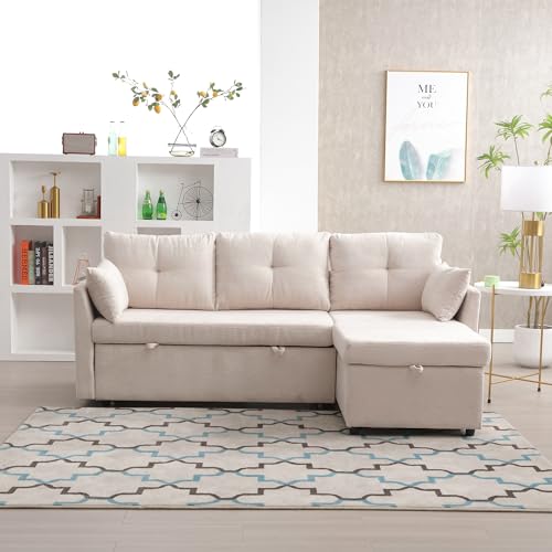 KYLE & KAY Convertible Sleeper Sofa Bed, L-Shaped Sectional Couch with Storage Chaise, Pull-Out Modular Chenille Sofa Bed for Small Apartments,Living Room and Office, Beige