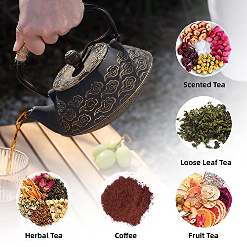 MILVBUSISS Cast Iron Teapot, Japanese Tea Pot with Infuser for Loose Leaf, Tea Kettle Stovetop Safe Coated with Enameled Interior, Clouds Pattern 27oz, 800ml Black