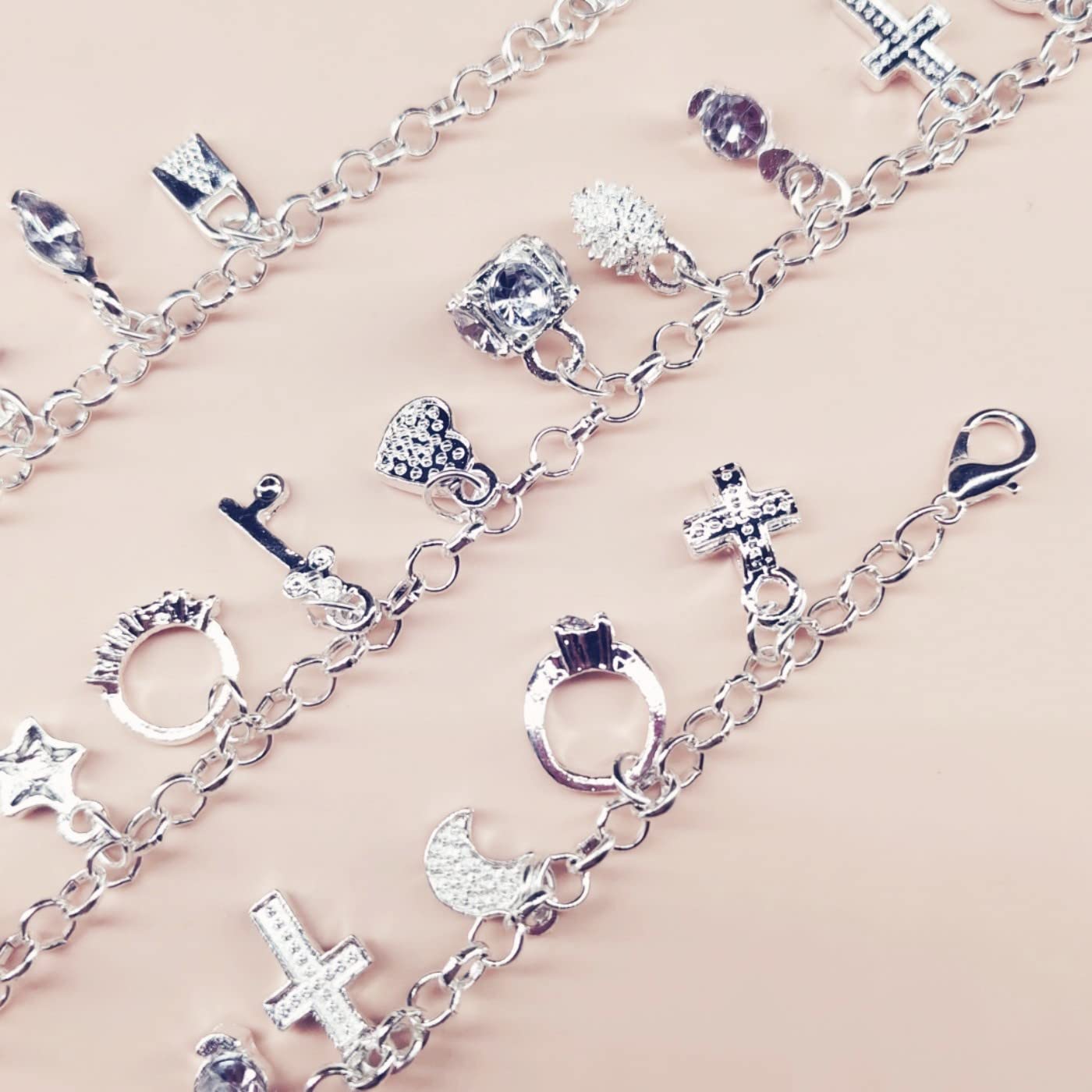 Dicomeng Sterling Silver Bracelet, 13 Small Pendants Charm Bracelet for Women, Adjustable 18+4cm, 925 Silver Plated, Great Gift for Ladies