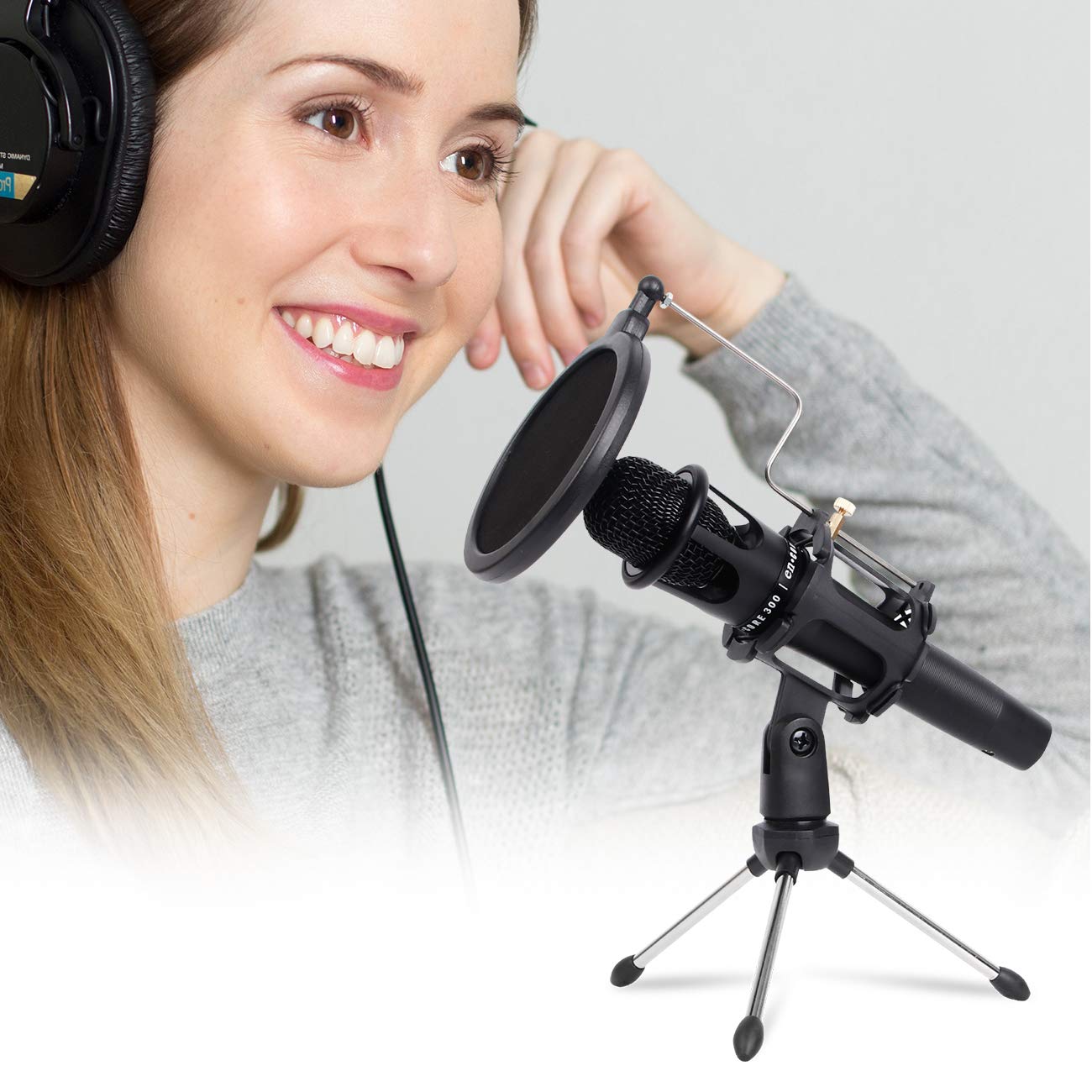 Depusheng Adjustable Studio Condenser Stand Desktop Tripod for Mic Microphone Holder with Windscreen Filter Cover