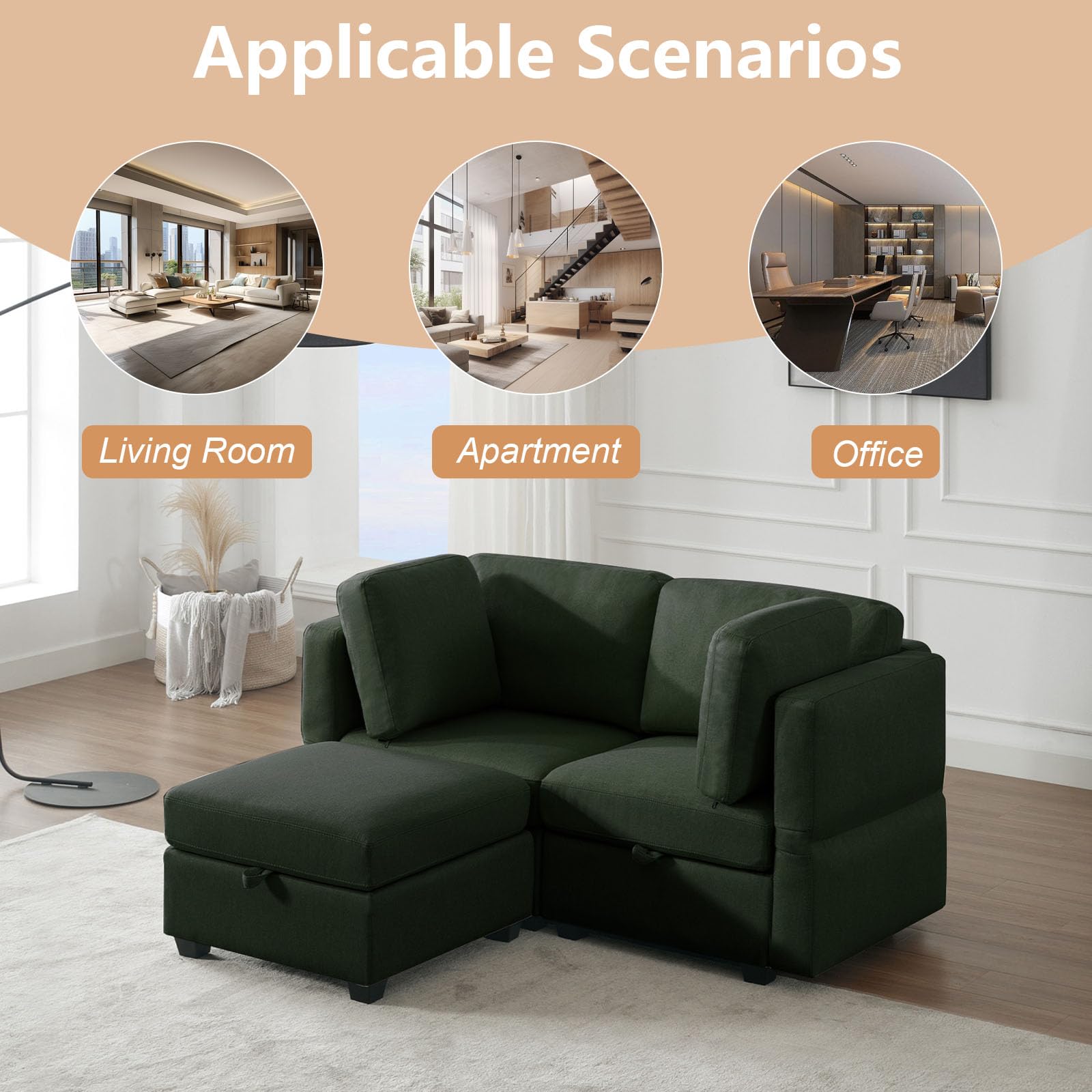 HZANHY Modular Sectional Sofa Couch with Storage Seat,Modern Linen Couch with Adjustable Arms and Backs Large Convertible Sofa with Ottoman for Living Room Apartment Office(Green 2seats+1Ottoman