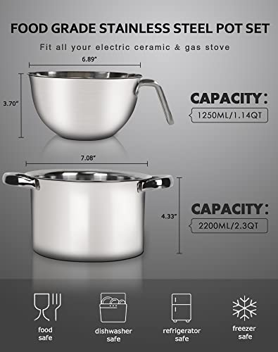 Marsheepy Double Boiler Pot Set,1250ML/1.1QT Mixing Bowl for Chocolate Melting, 2200ML/ 2QT 304 Stainless Steel Pot With Silicone Spatula for Melting Chocolate, Candy, Candle, Soap, Wax