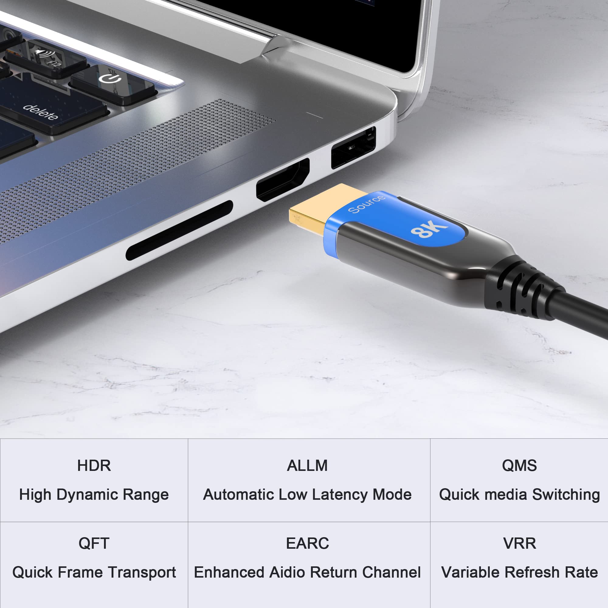 Fiber Optic Hdmi 2.1 Cable 8K 50 Feet, Supports 8K@60Hz 4K@120Hz, 48Gbps, Dynamic HDR,ARR, Dolby Atmos, HDCP 2.2 & 2.3, Compatible with Apple-TV, PS5, PS4, Xbox One Series X, RTX 3080 3090