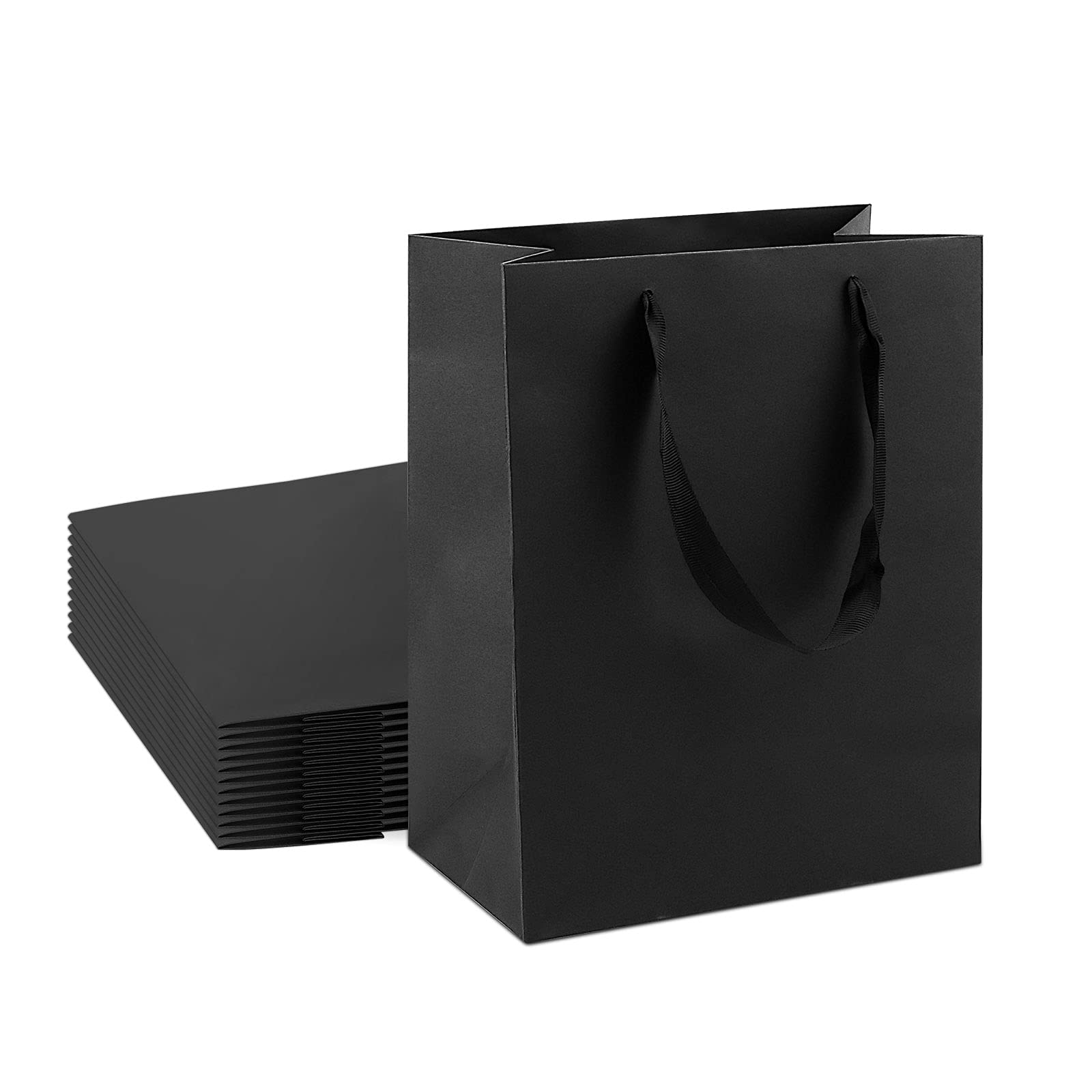 QIELSER 24 pcs Kraft Gift Bags Bulk Small Size 6.3x3.2x8.5 Inches, Black Kraft Paper Shopping Bags with Ribbon Handles, Party Favor Bags, Shopping Bags, Retail Bags, Wedding Bags