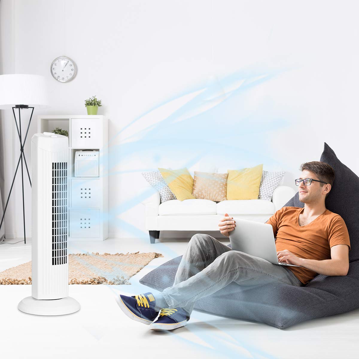 COSTWAY Tower Fan, 28-Inch Oscillating Tower Fan, Quiet Cooling Whole Room Bladeless, 3 Speed, 3 Wind Mode, Oscillating Tower Fan for Bedrooms, Living Rooms, Kitchen (White)
